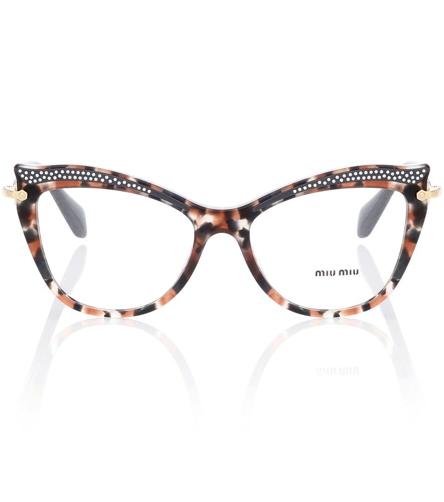 Miu Miu Embellished Cat Eye Glasses In Brown Modesens