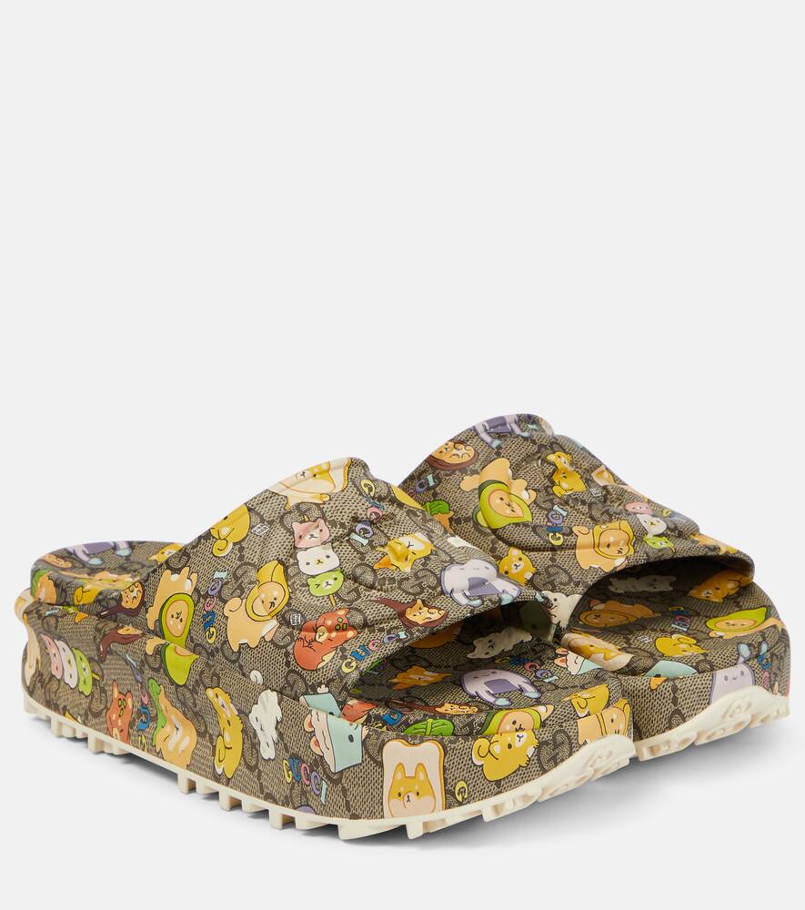 Gucci X Pikarar Kawaii Gg-supreme Flatform Slides In Beige Ebony-multi ...
