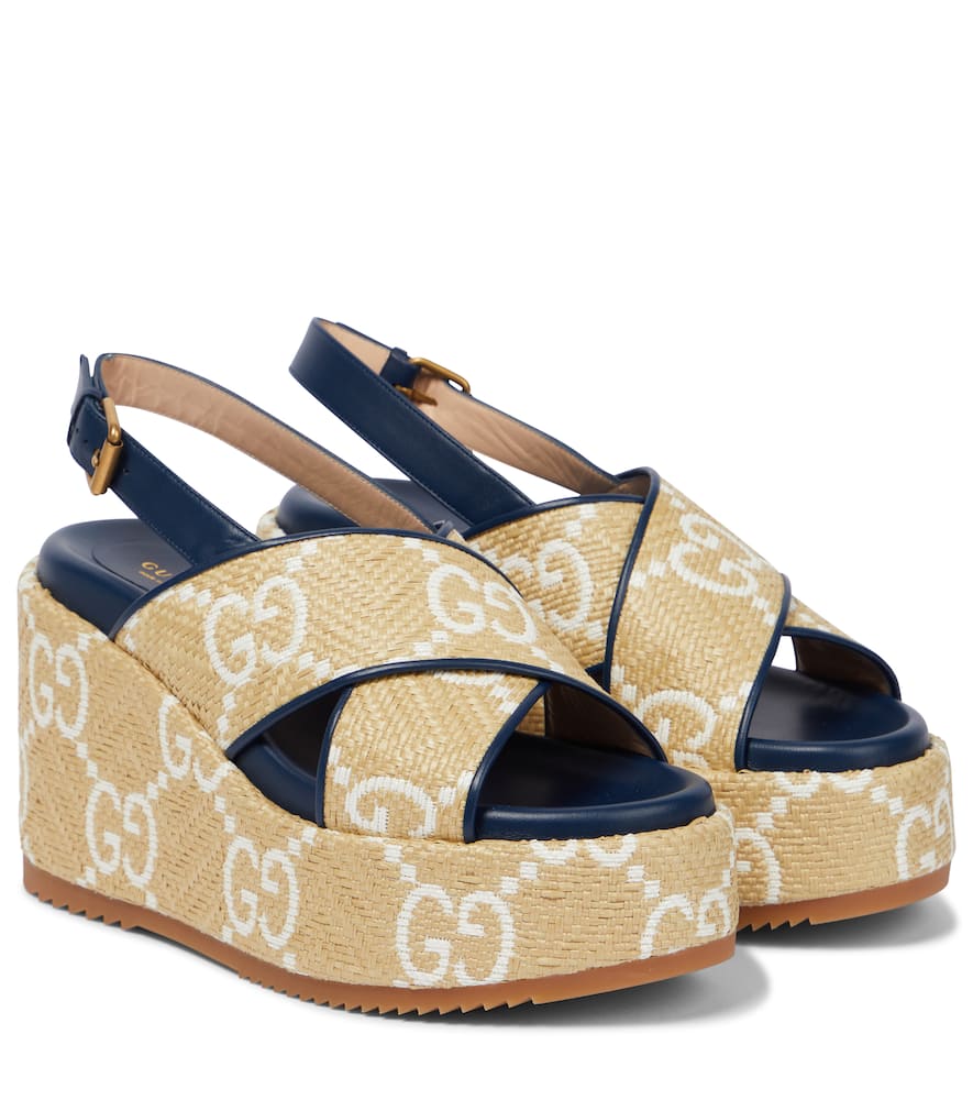 Gucci Gg Raffia-effect Slingback Sandals In Natural-gr.wh/blue.a | ModeSens