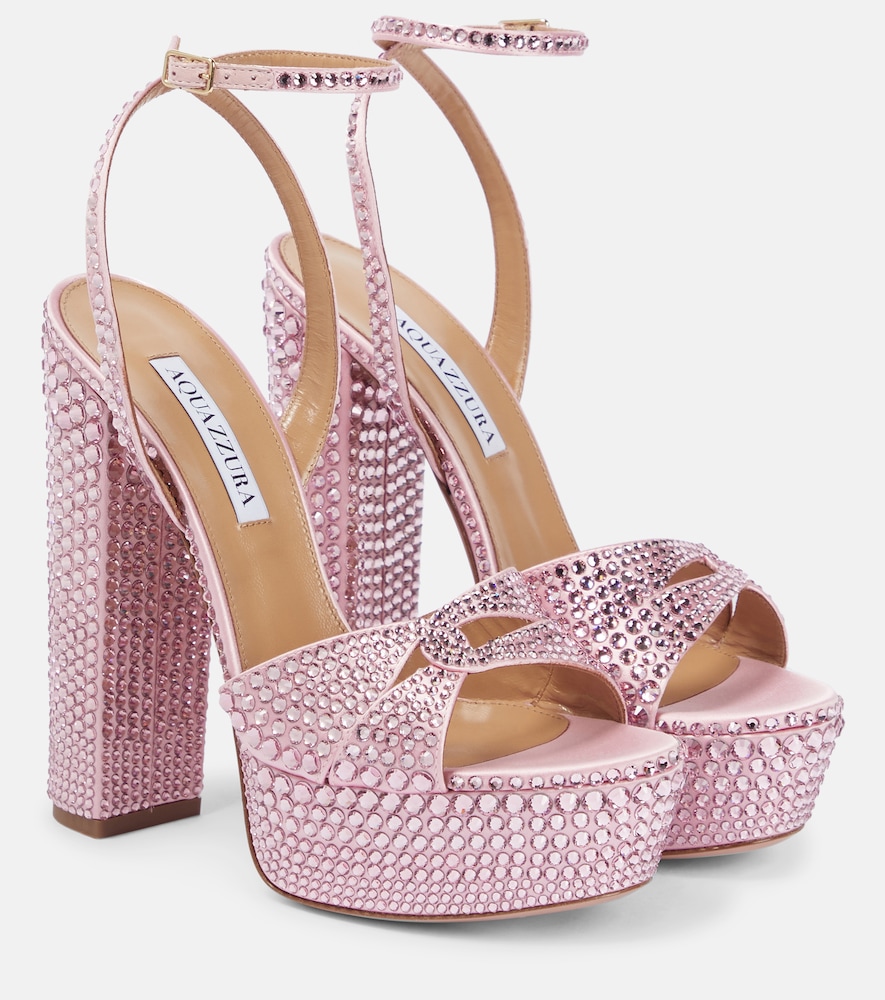 Aquazzura Sinner Embellished Satin Platform Sandals In Pink | ModeSens