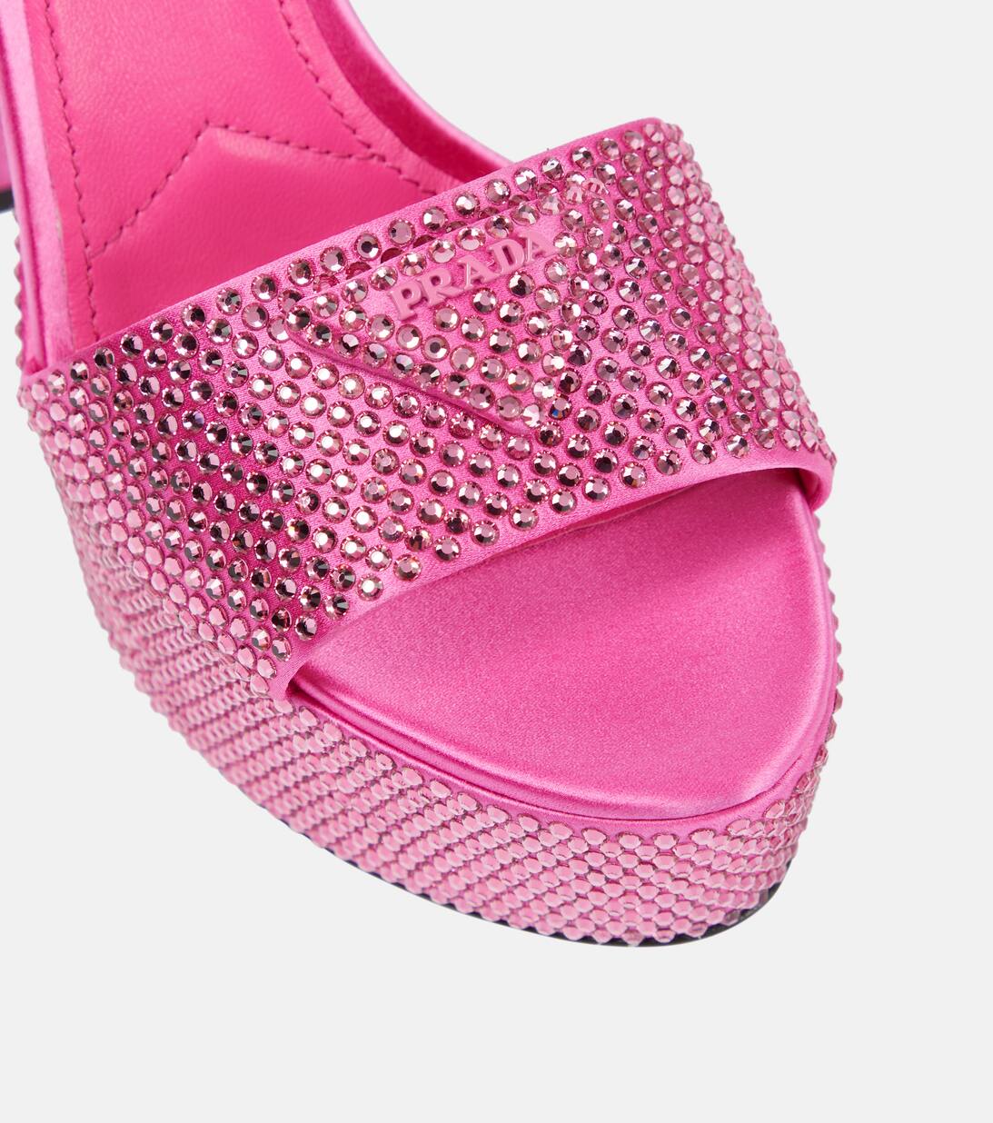 Embellished Satin Platform Sandals in Pink - Prada | Mytheresa