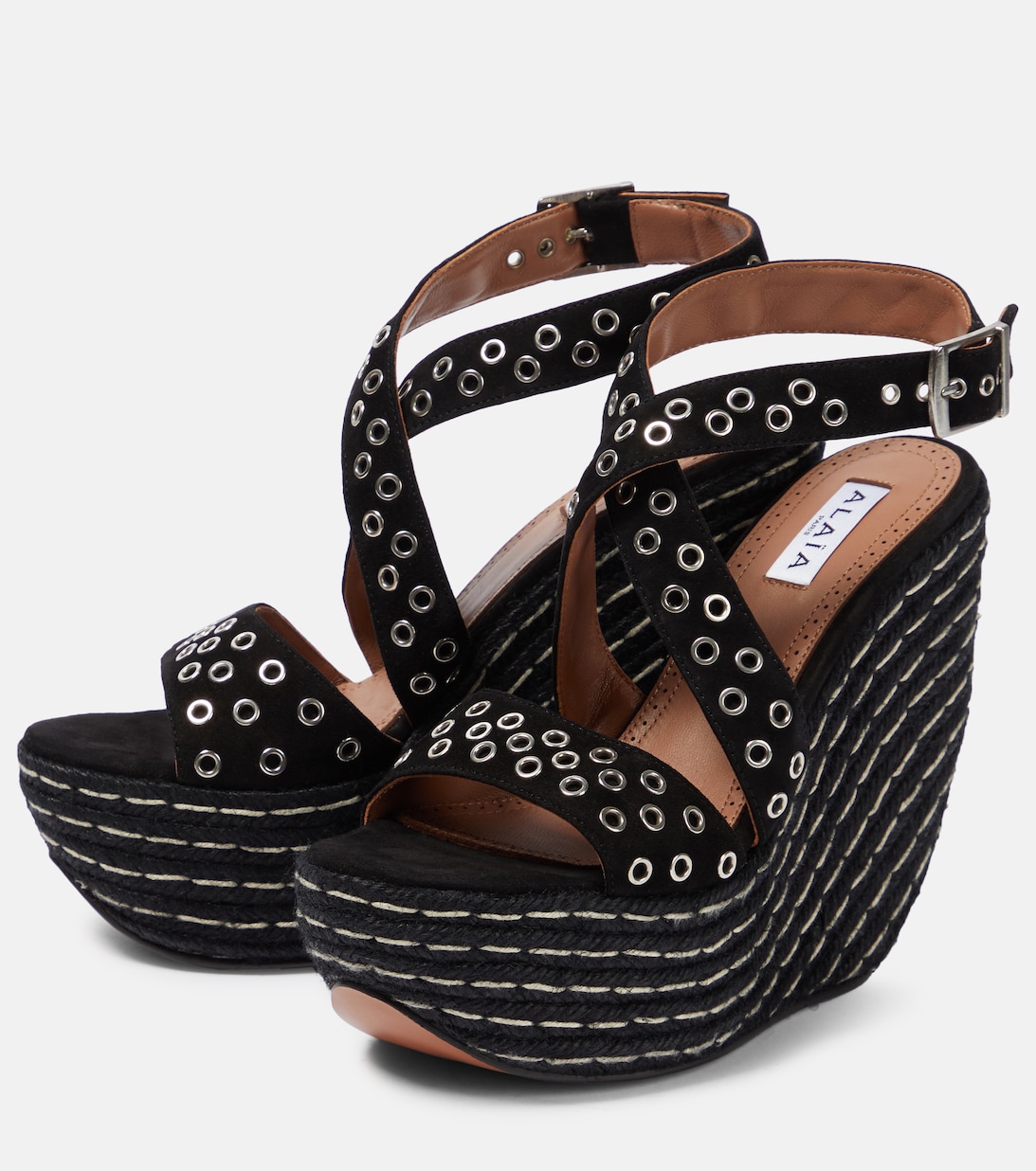 Embellished Suede Wedge Sandals in Black - Alaia | Mytheresa