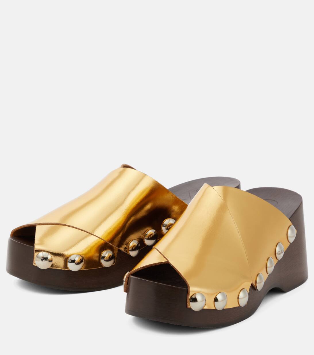 Embellished Metallic Leather Clogs in Gold - Ganni | Mytheresa
