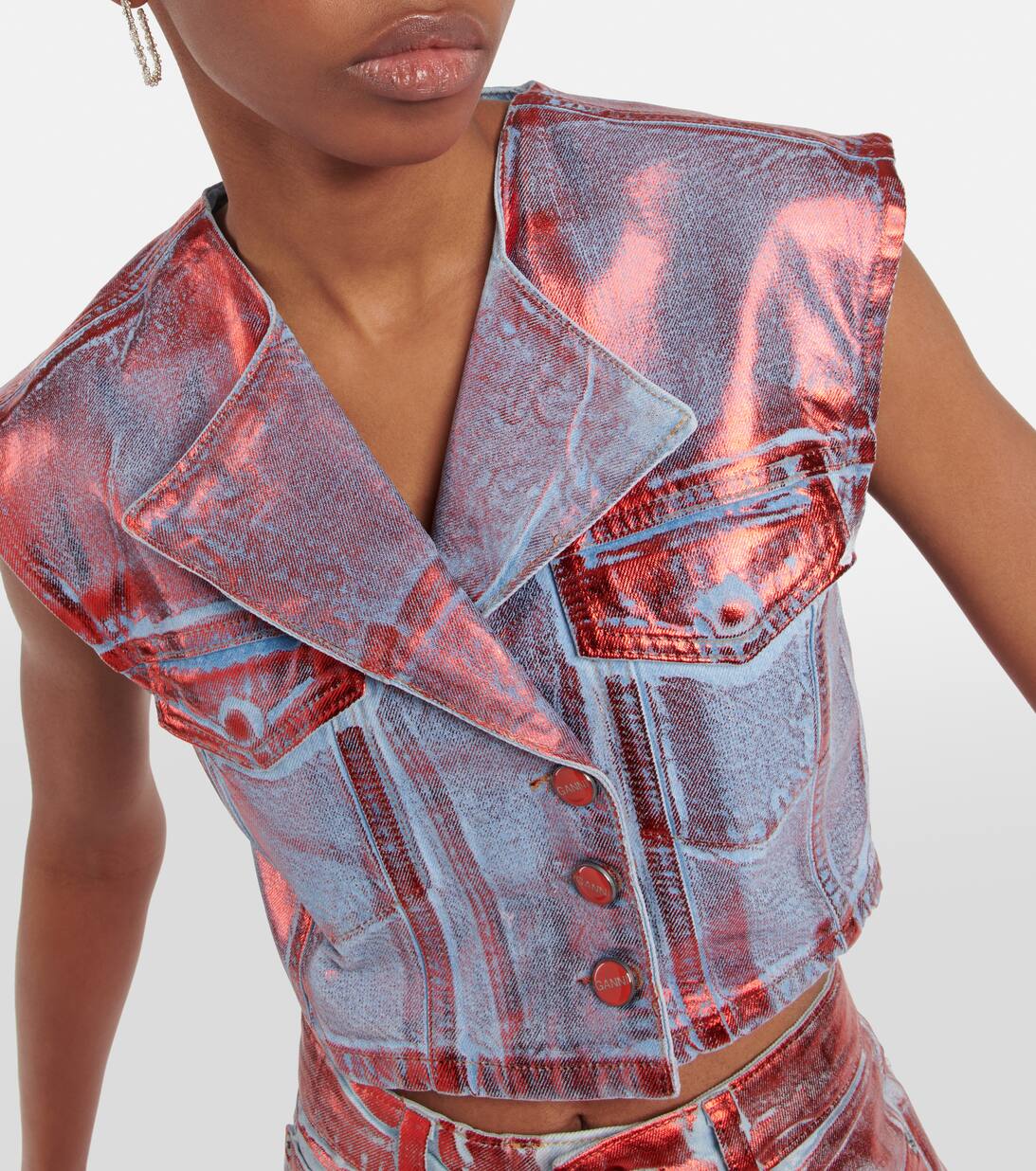Metallic Denim Vest in Red - Ganni | Mytheresa