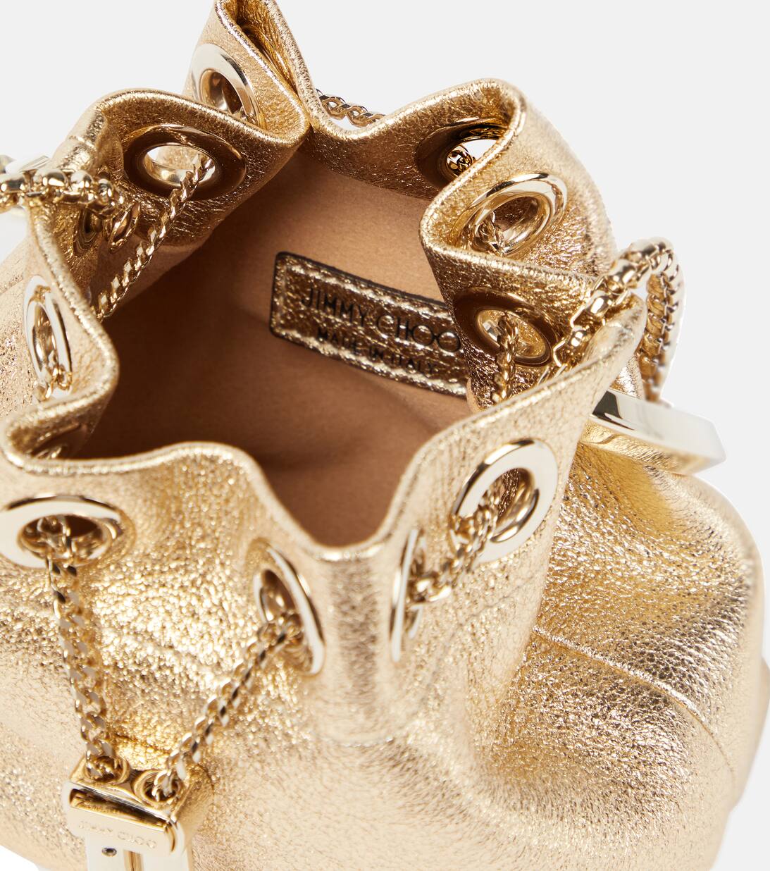 Bon Bon Micro Leather Bucket Bag in Gold - Jimmy Choo | Mytheresa