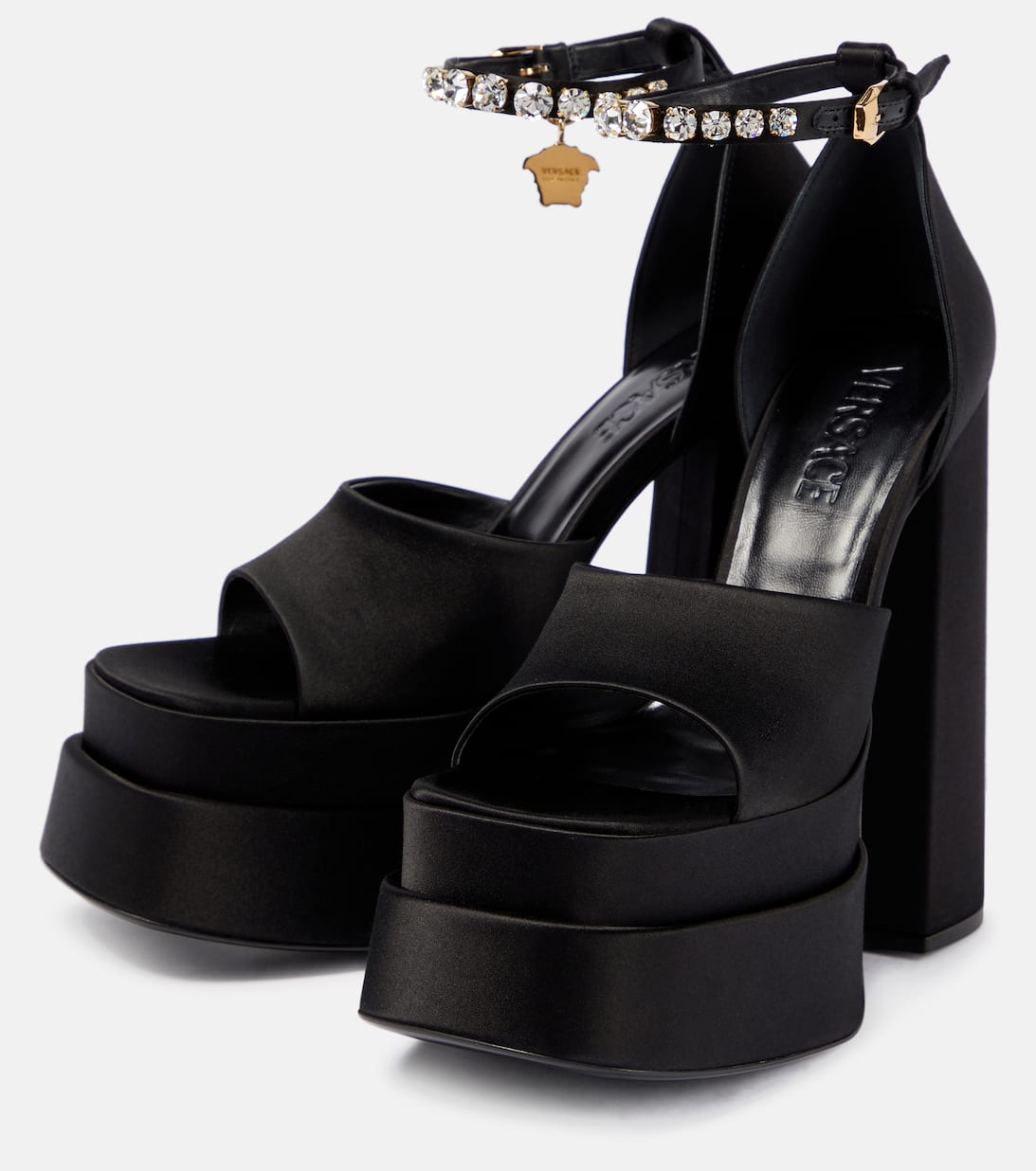 Medusa Aevitas Satin Platform Sandals in Black - Versace | Mytheresa