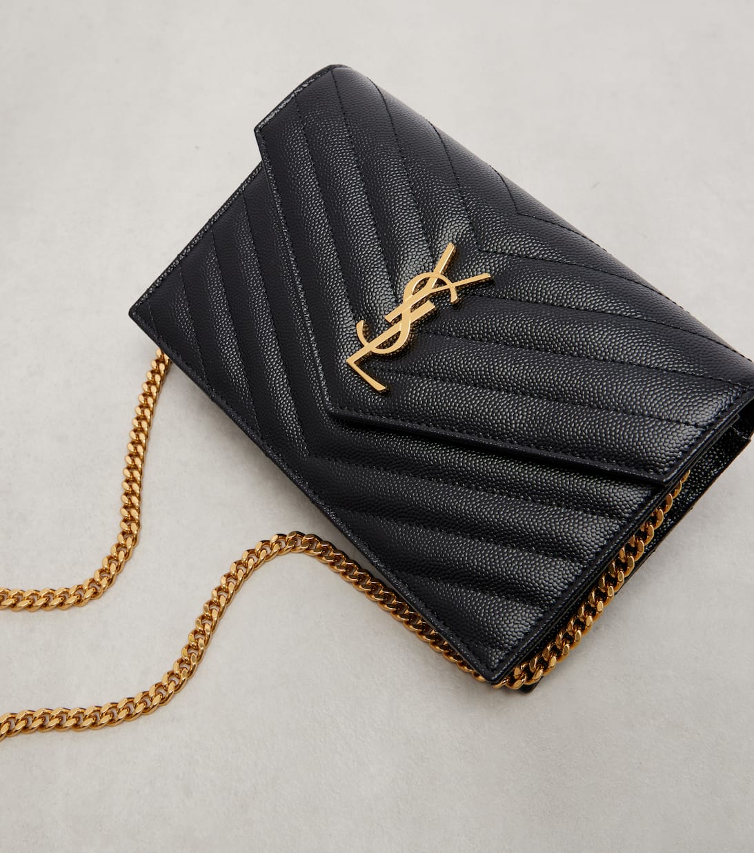 Cassandre Matelasse Envelope Leather Wallet On Chain in Black - Saint ...