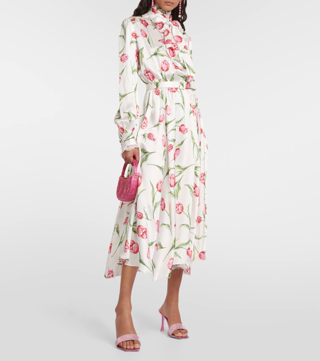 Floral Belted Silk Midi Dress in White - Rodarte | Mytheresa