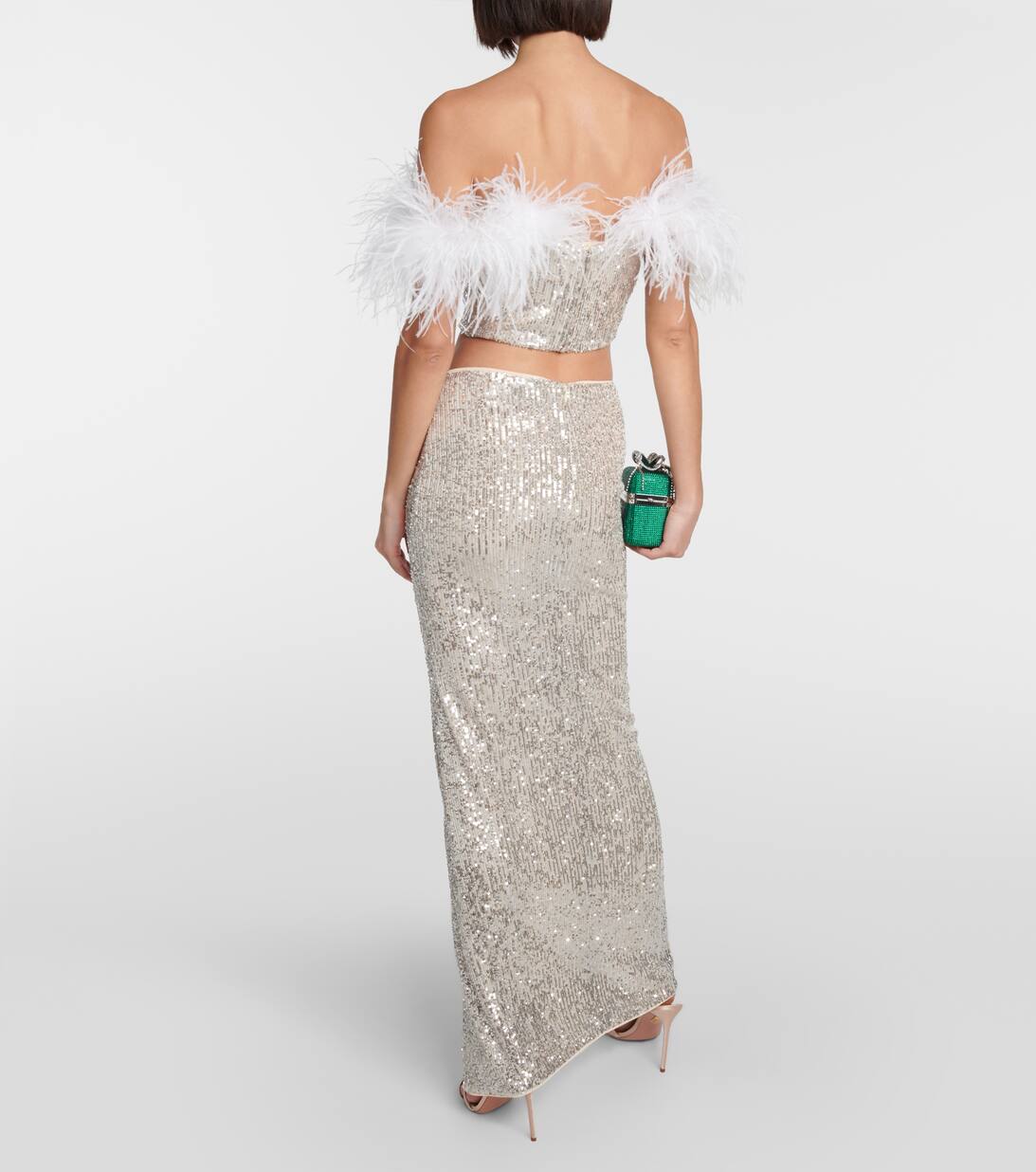 Sequined Feather Trimmed Crop Top in Silver - Self Portrait | Mytheresa