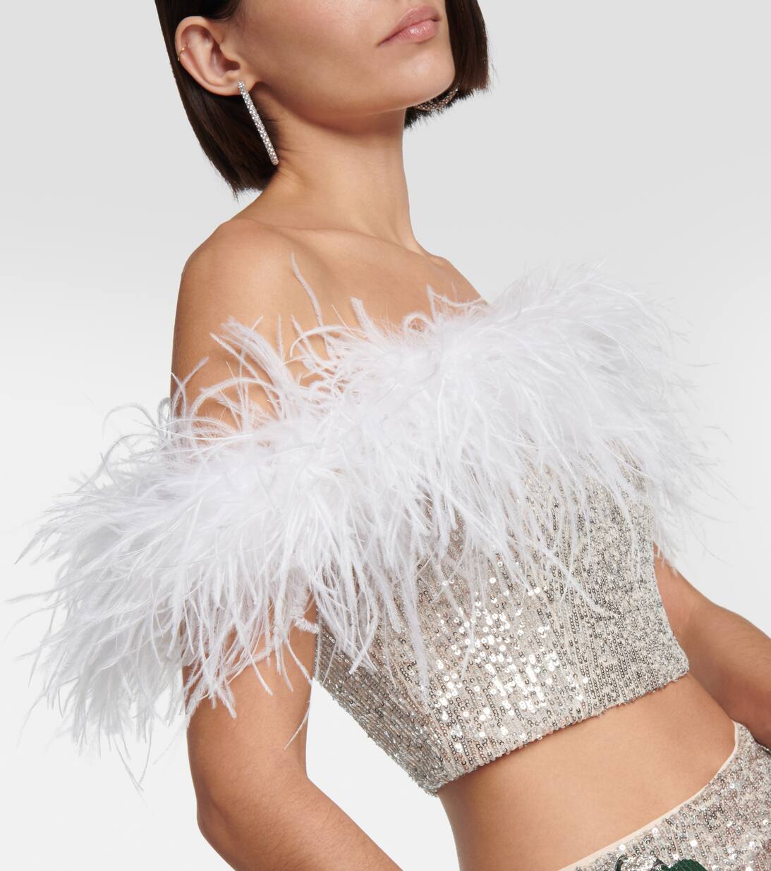 Sequined Feather Trimmed Crop Top in Silver - Self Portrait | Mytheresa