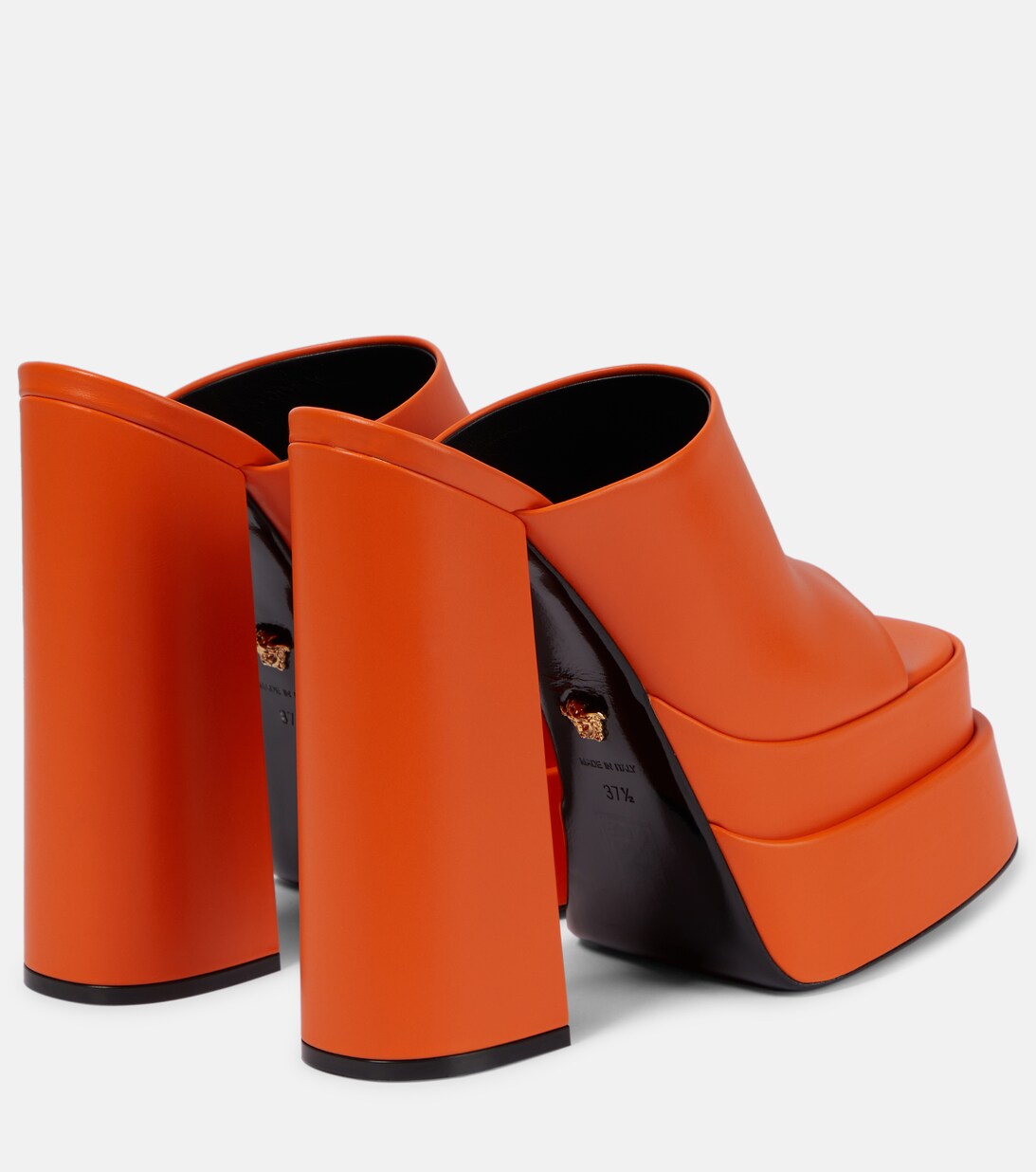 Leather Platform Mules in Orange - Versace | Mytheresa