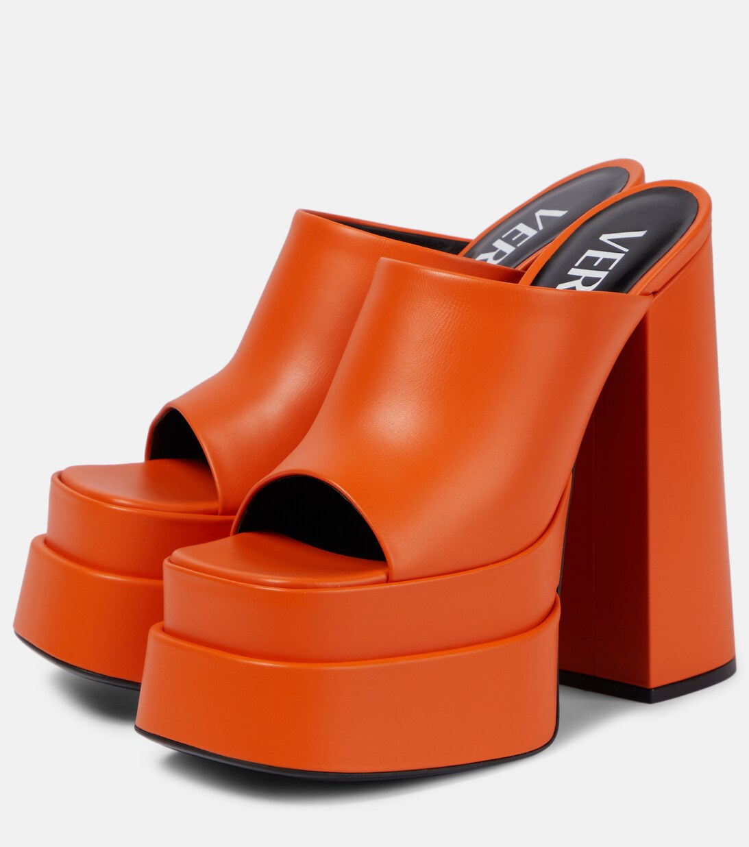 Leather Platform Mules in Orange - Versace | Mytheresa