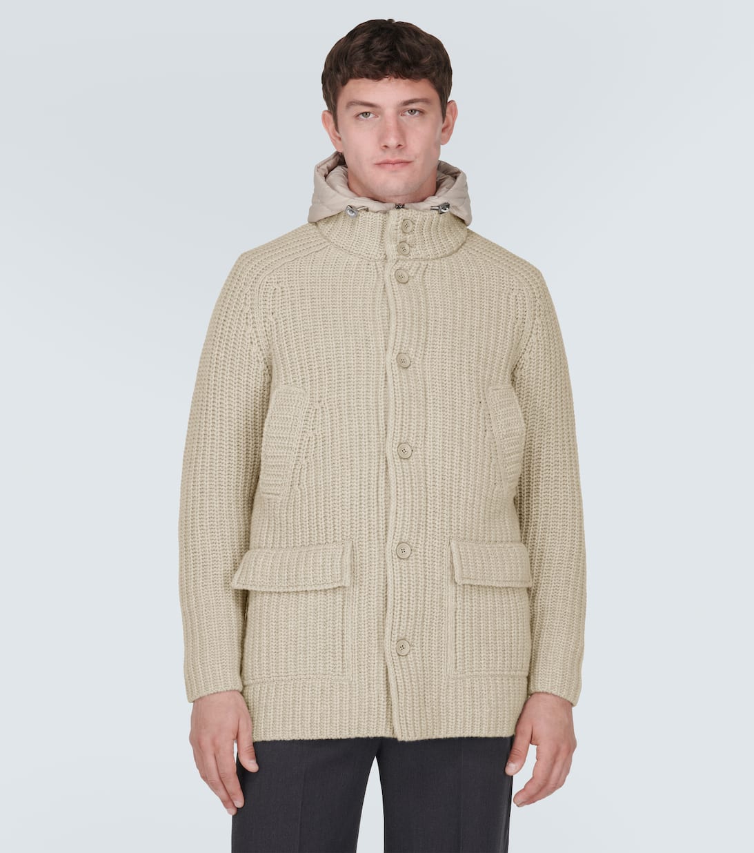 Hooded Cable Knit Wool Jacket in Beige - Herno | Mytheresa
