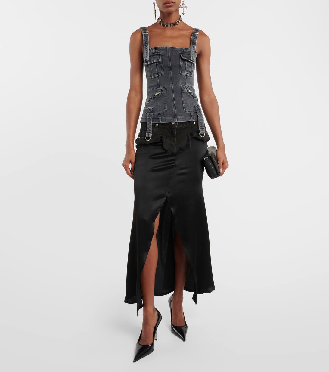 Denim Trimmed Satin Maxi Skirt in Black - Blumarine | Mytheresa
