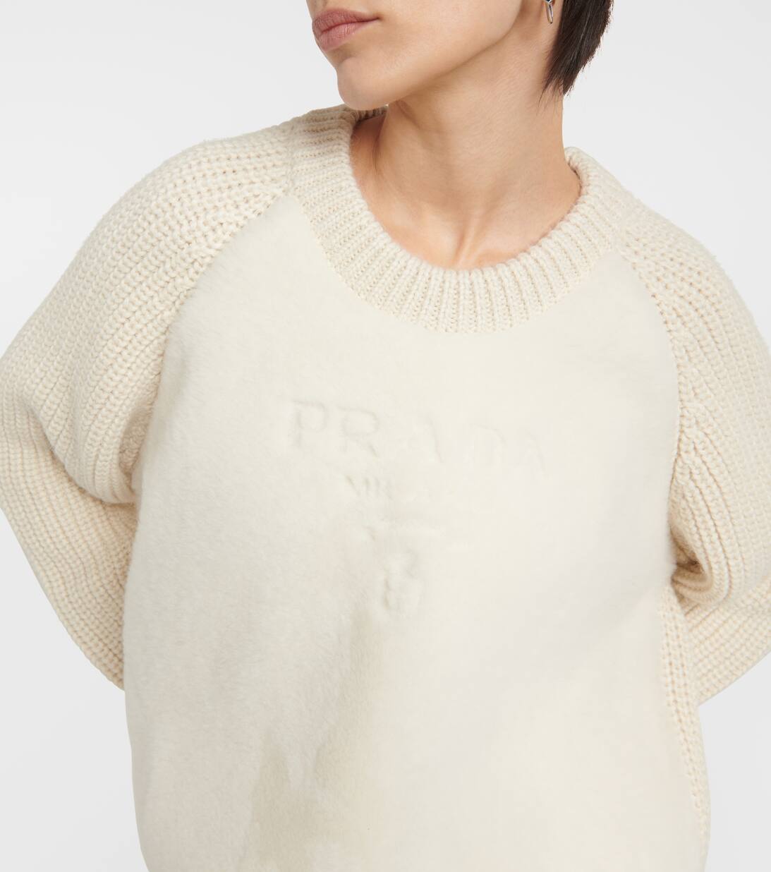 Shearling Trimmed Alpaca Sweater in White - Prada | Mytheresa