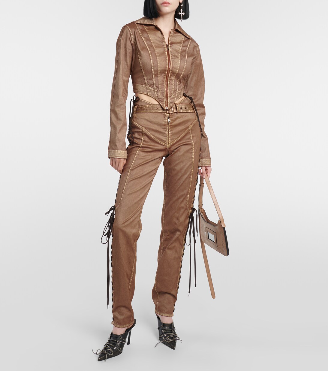 X KNWLS Cropped Denim Corset Jacket in Brown - Jean Paul Gaultier ...