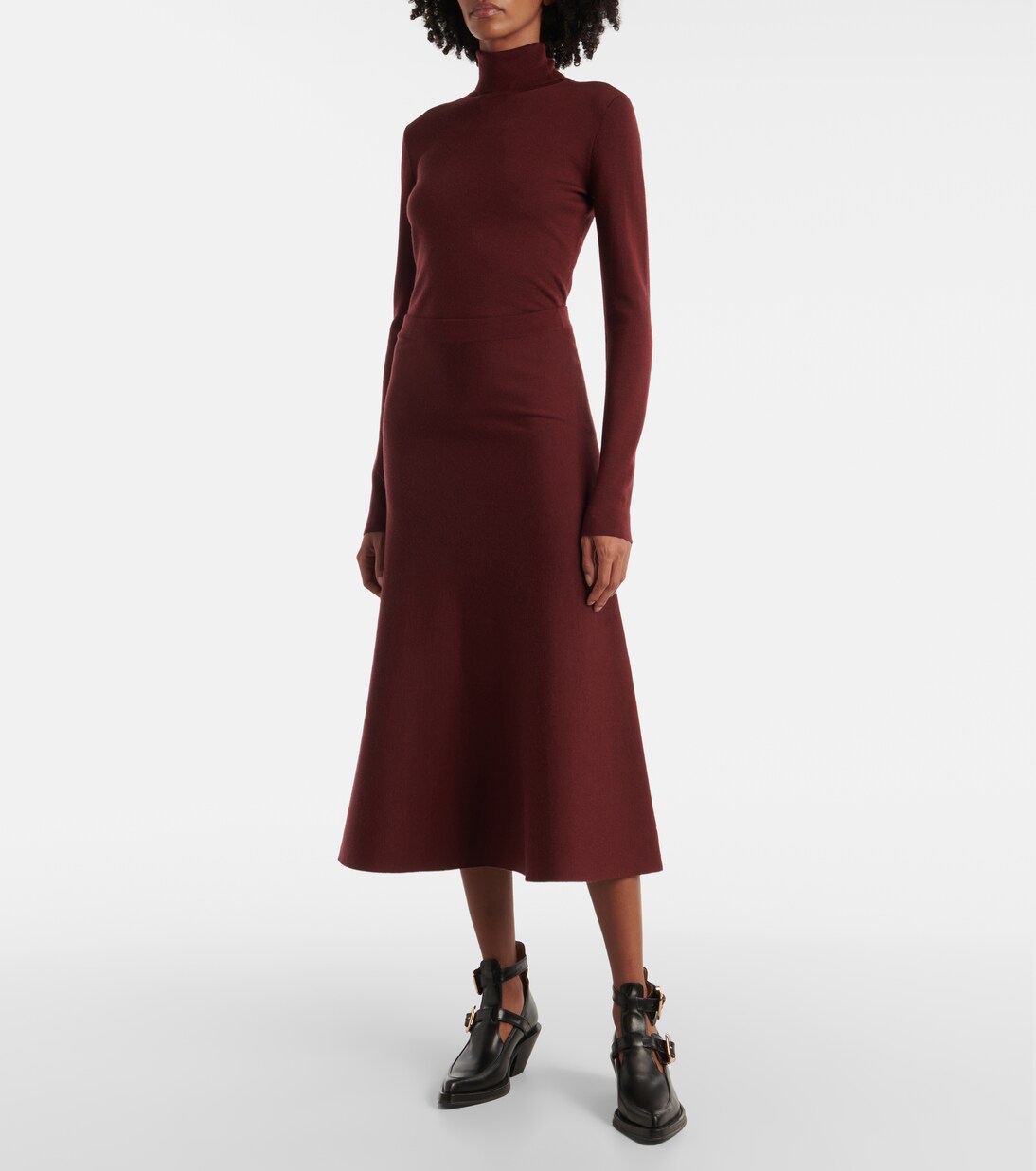 Freddie wool, cashmere, and silk midi skirt in burgundy - Gabriela ...