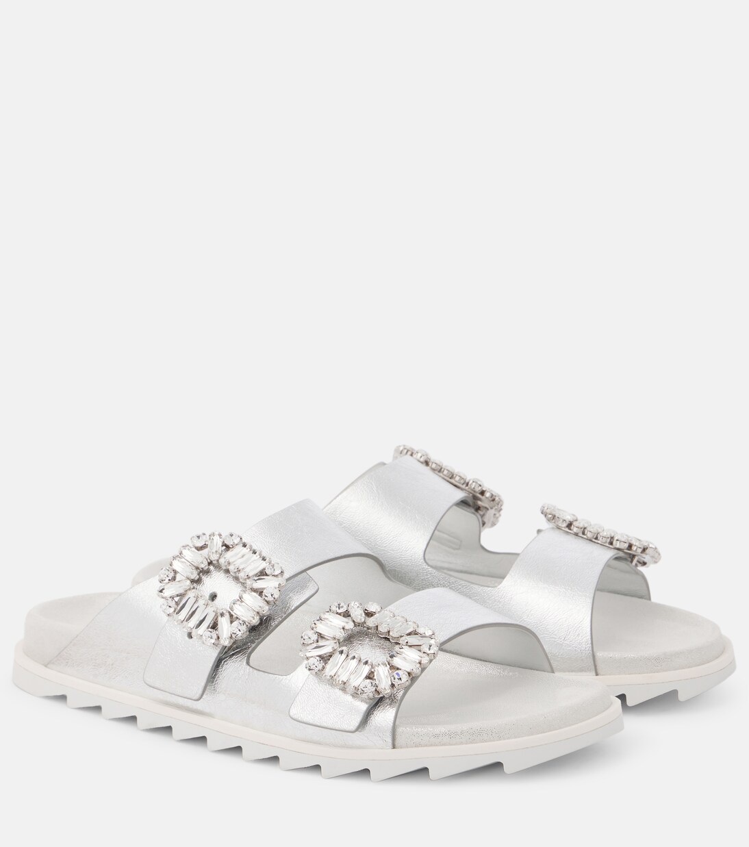 Crystal-embellished metallic leather slides in silver - Roger Vivier ...
