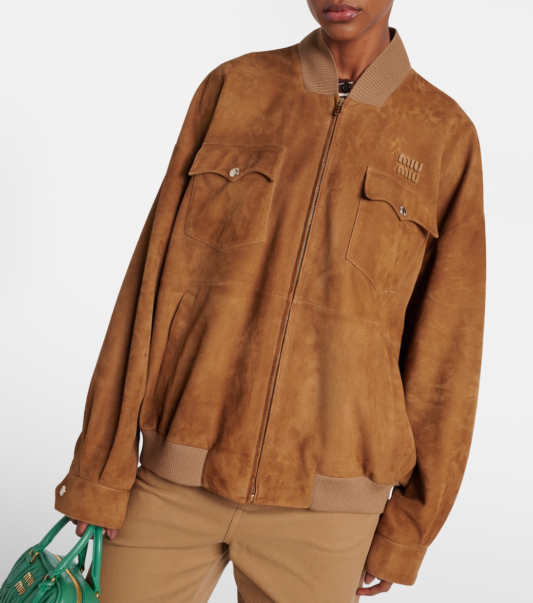 Logo suede jacket in brown - Miu Miu | Mytheresa