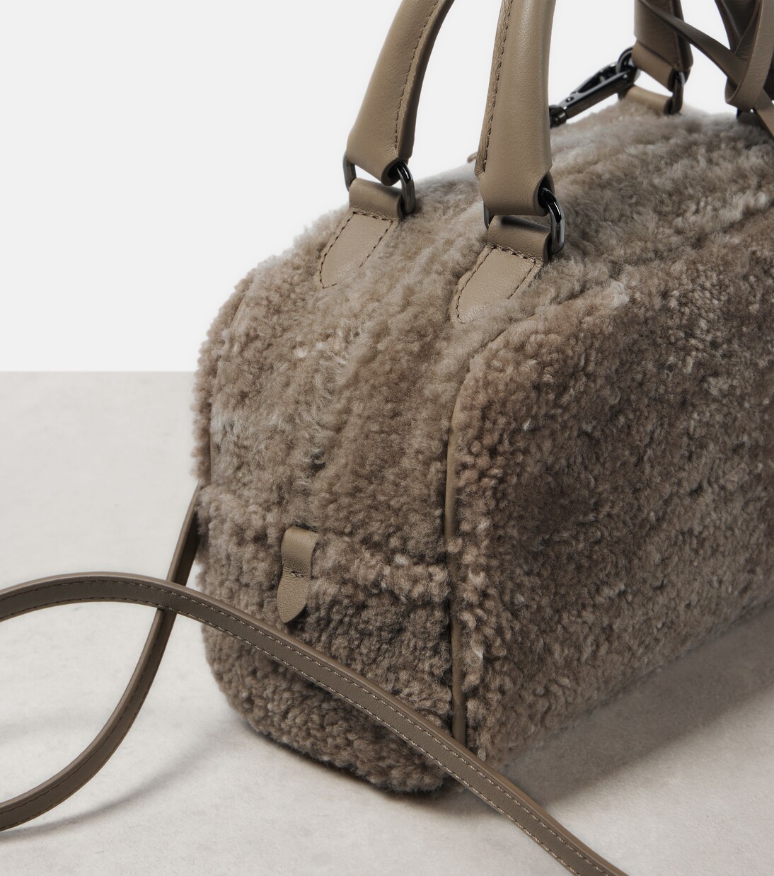 Leather-trimmed shearling tote bag in brown - Brunello Cucinelli ...