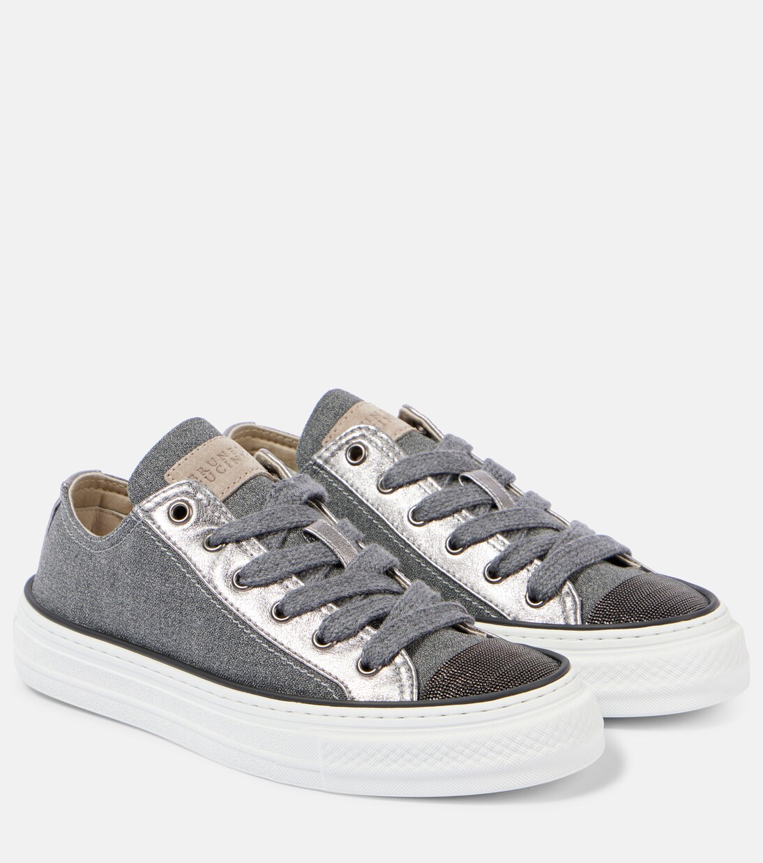 Beaded leather-trimmed canvas sneakers in grey - Brunello Cucinelli ...