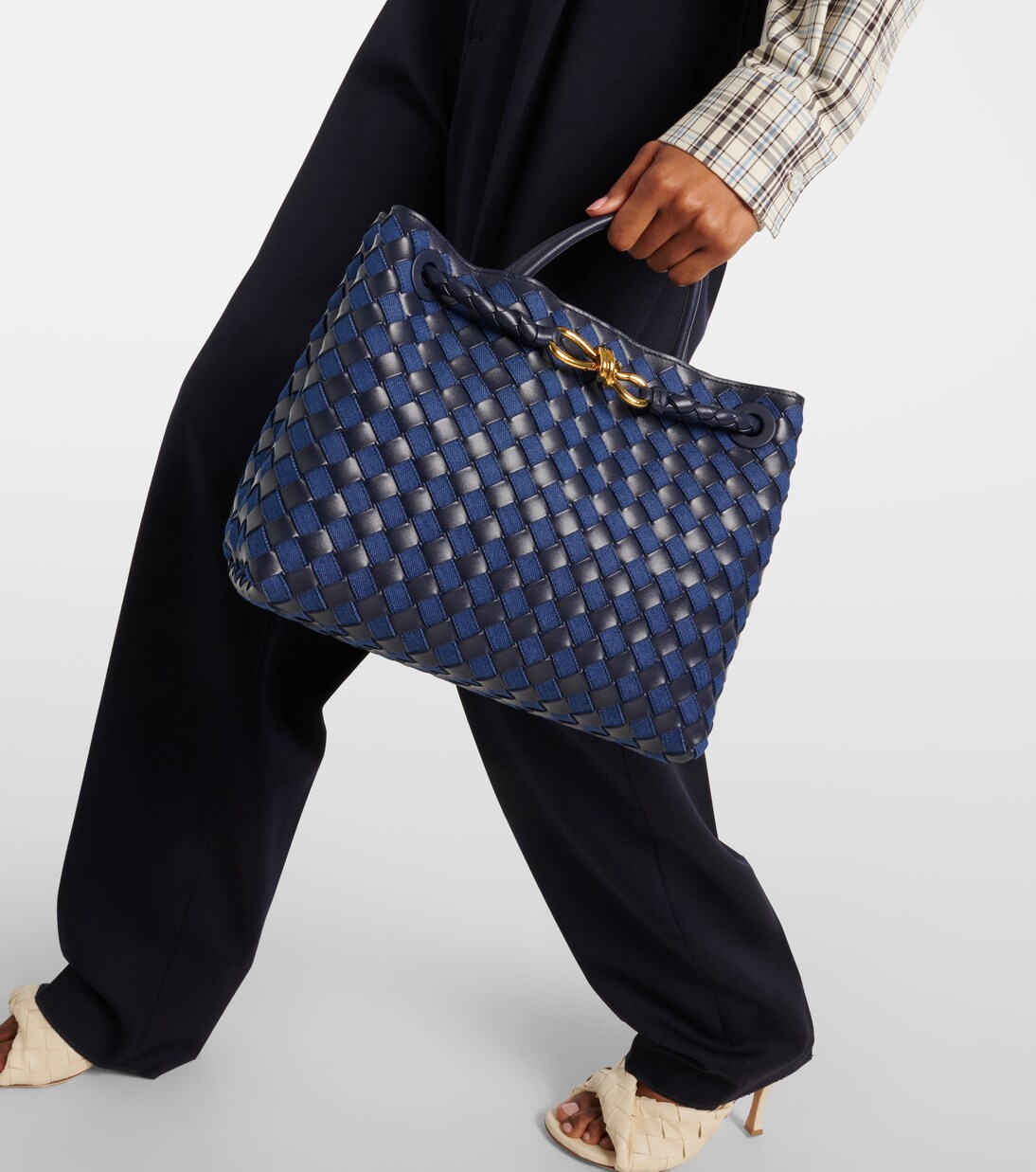 Andiamo Medium leather and denim tote bag in blue - Bottega Veneta ...