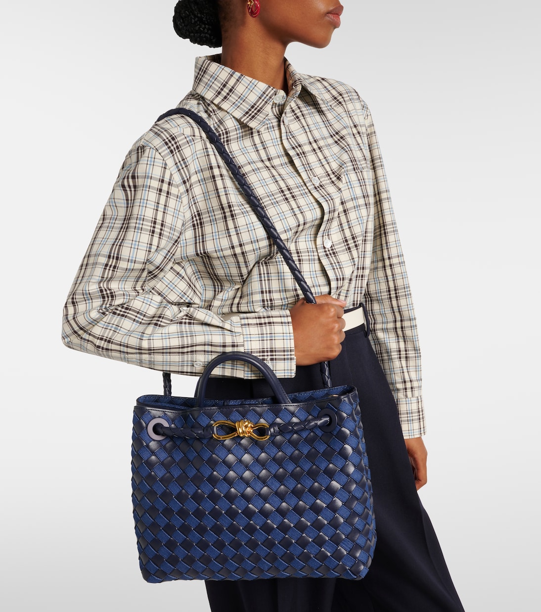 Andiamo Medium leather and denim tote bag in blue - Bottega Veneta ...