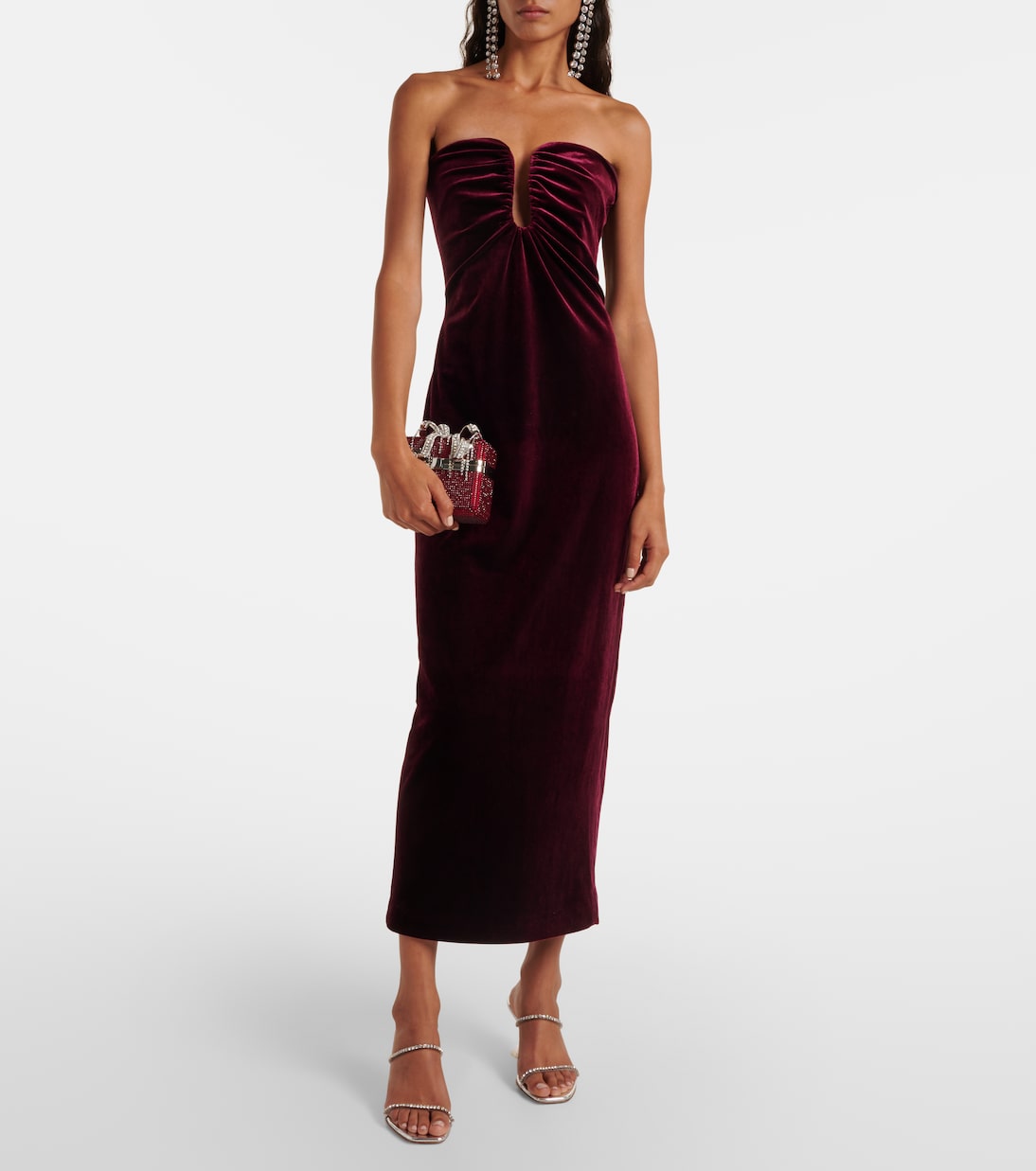 Strapless velvet midi dress in red - Self Portrait | Mytheresa