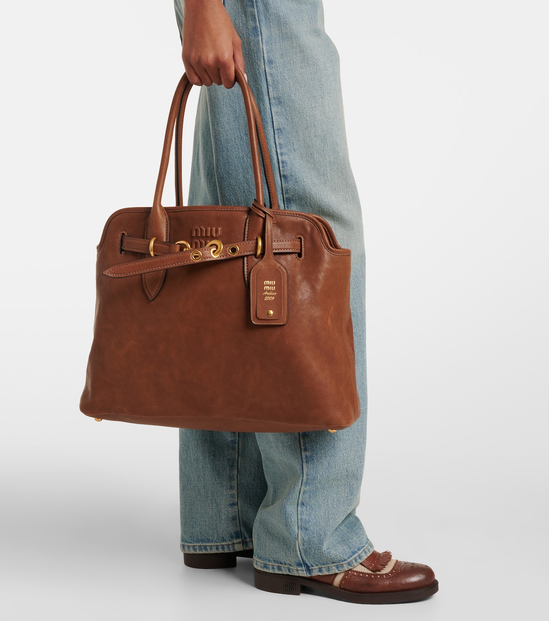 Aventure Large Leather Tote Bag In Brown Miu Miu Mytheresa