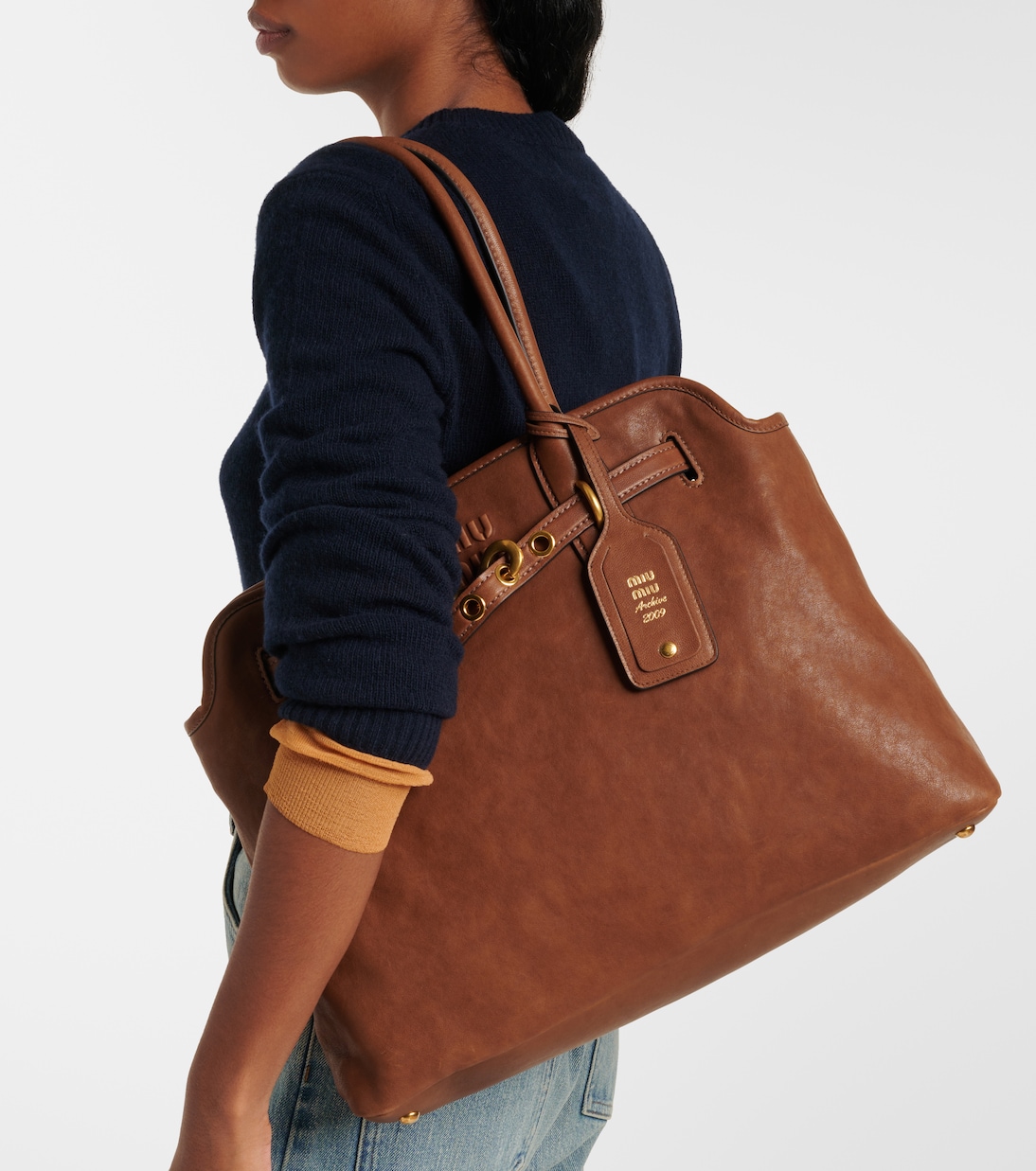 Aventure Large Leather Tote Bag In Brown Miu Miu Mytheresa