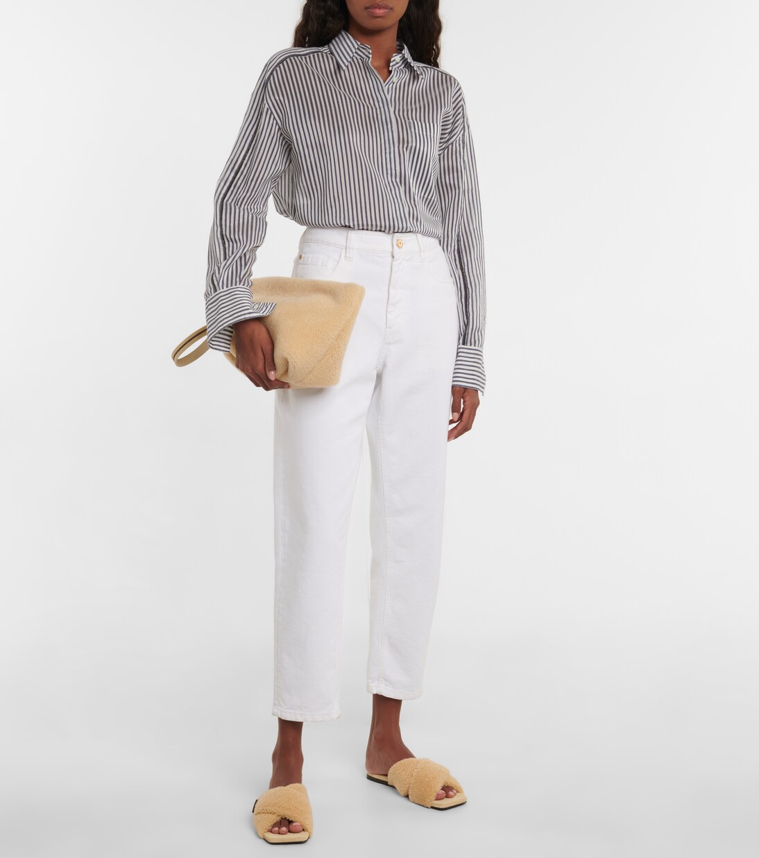 Embellished shearling slides in beige - Brunello Cucinelli | Mytheresa