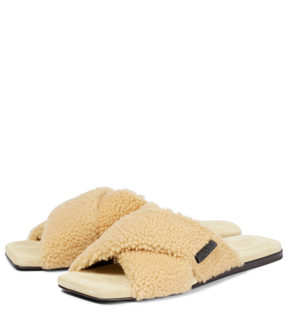 Embellished shearling slides in beige - Brunello Cucinelli | Mytheresa
