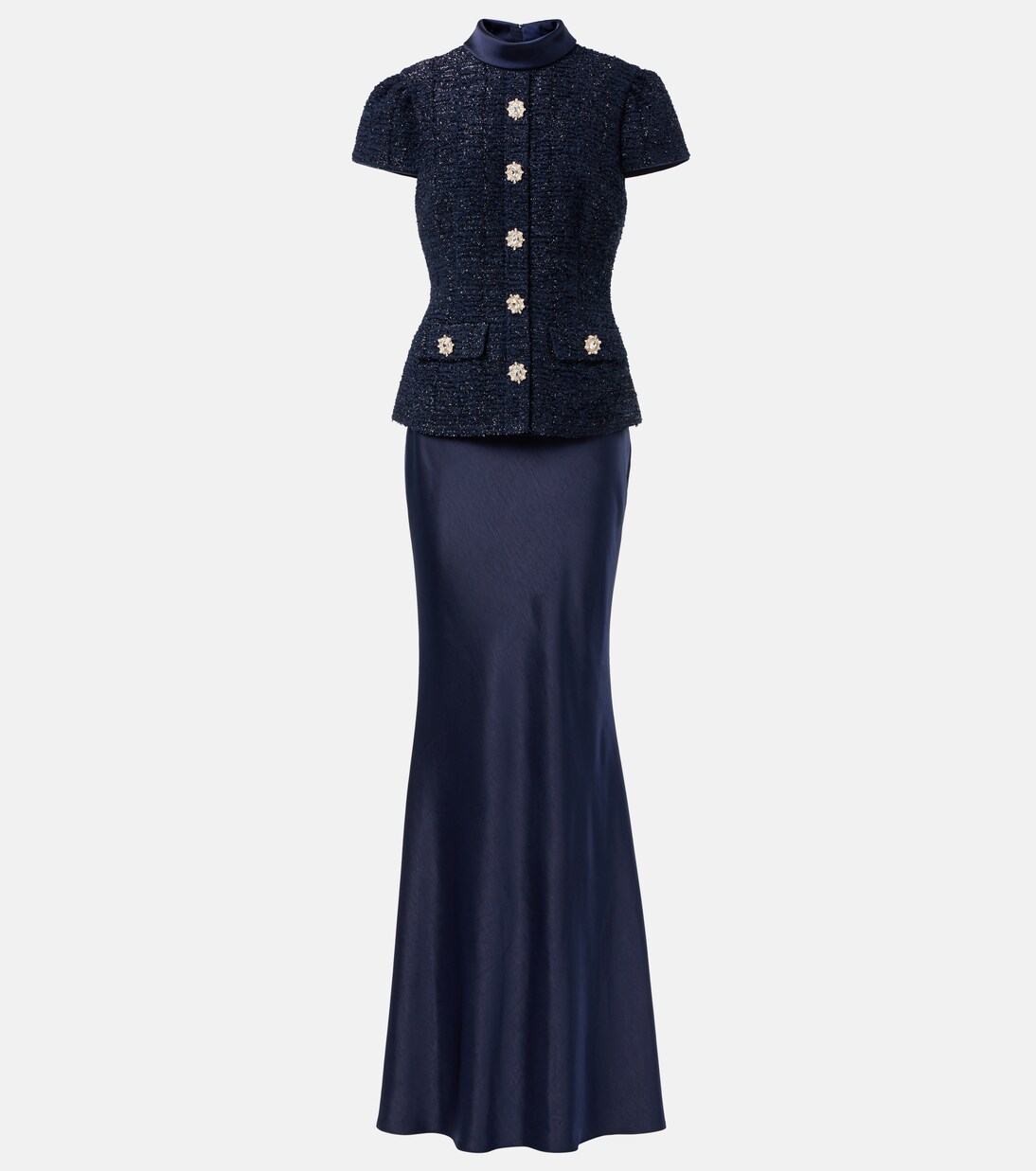 Embellished bouclé and satin maxi dress in blue - Self Portrait | Mytheresa