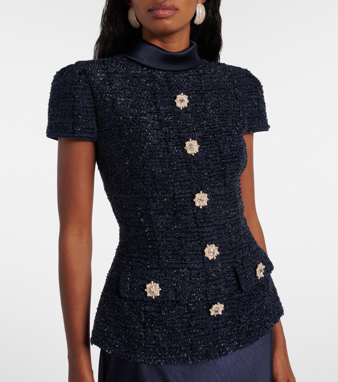 Embellished bouclé and satin maxi dress in blue - Self Portrait | Mytheresa