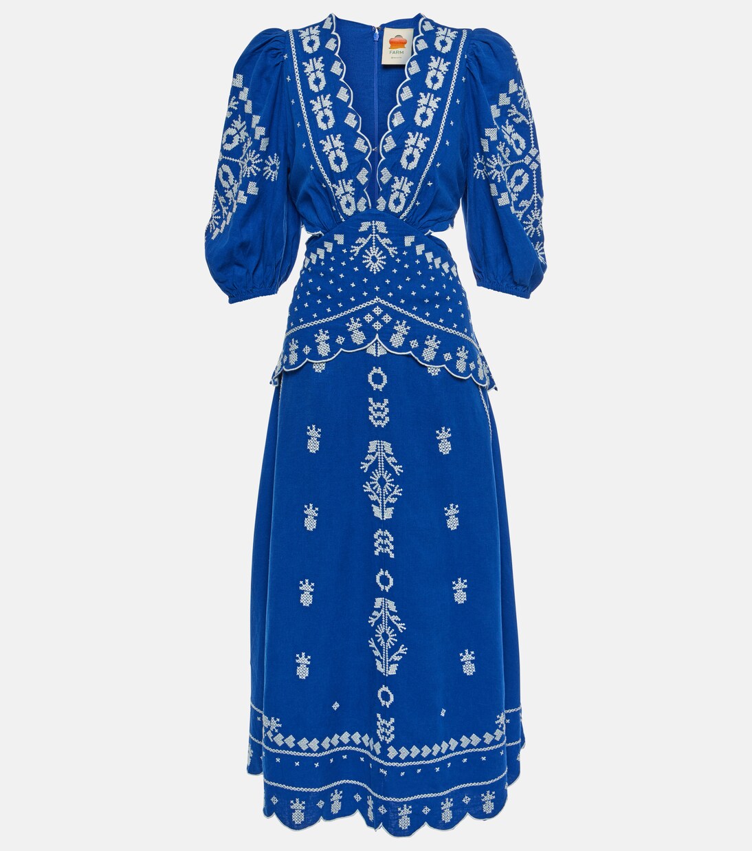 Embroidered linen-blend midi dress in blue - Farm Rio | Mytheresa