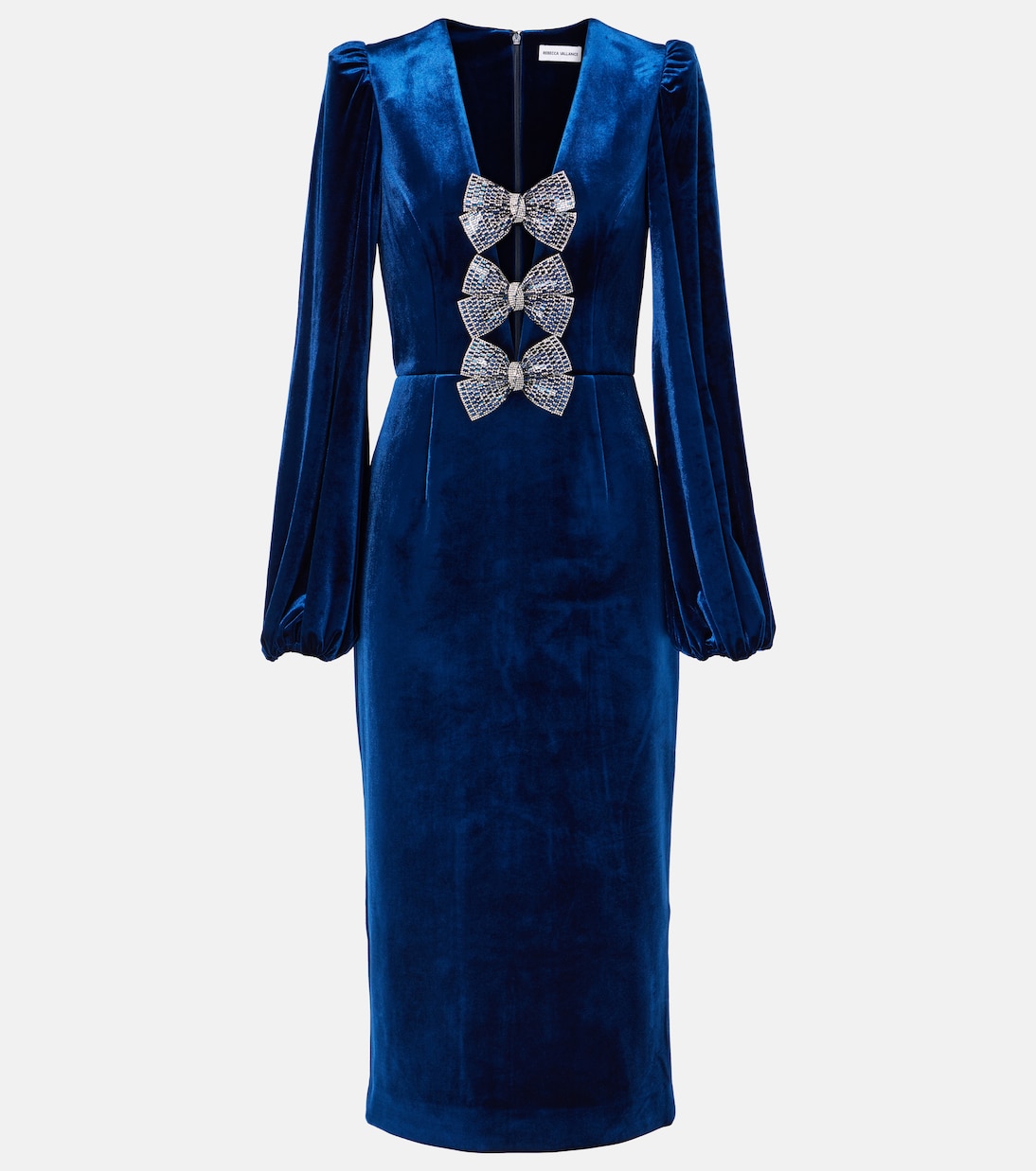 Crystal-embellished velvet midi dress in blue - Rebecca Vallance ...