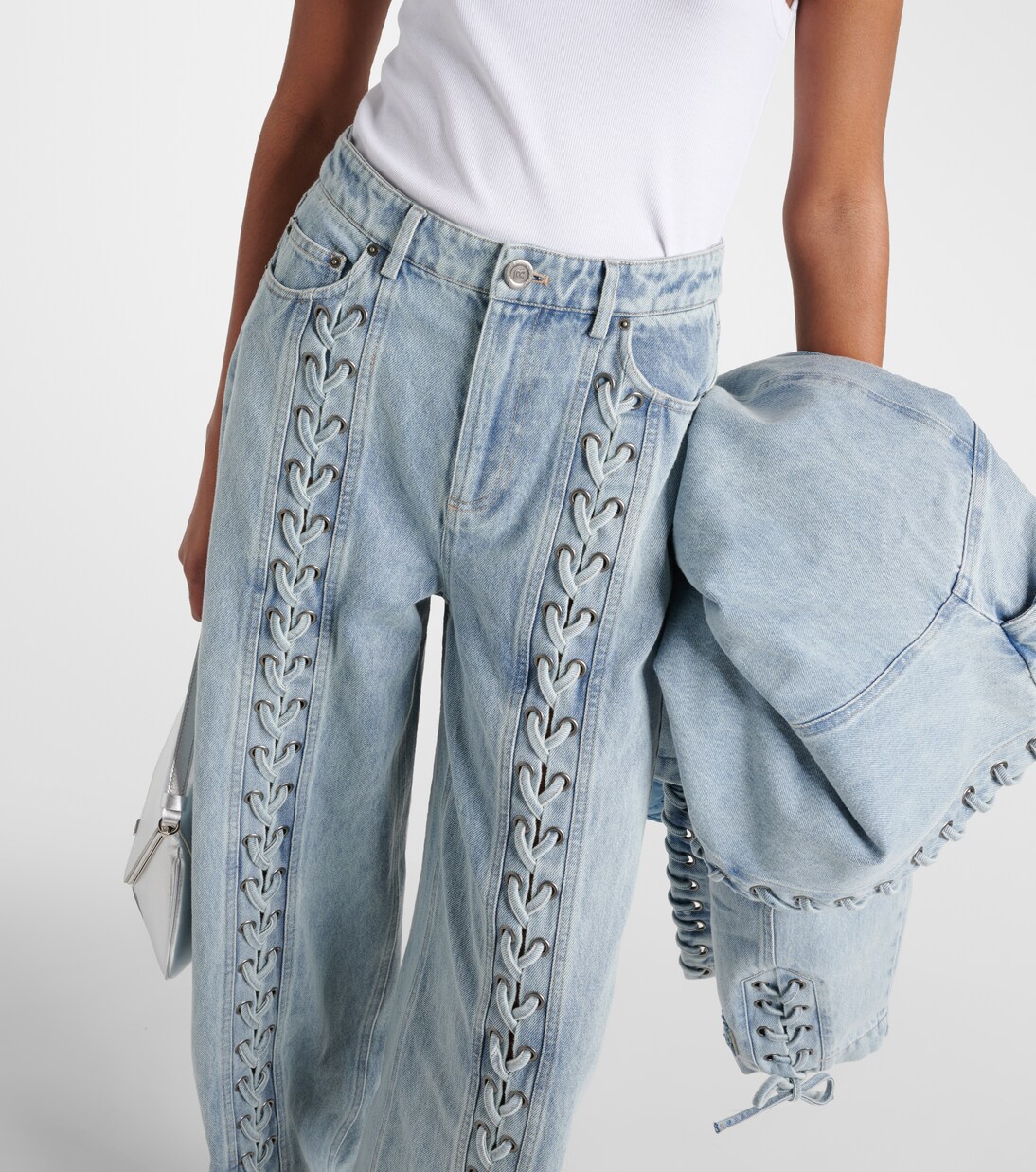 Lace-detail straight jeans in blue - Rotate | Mytheresa