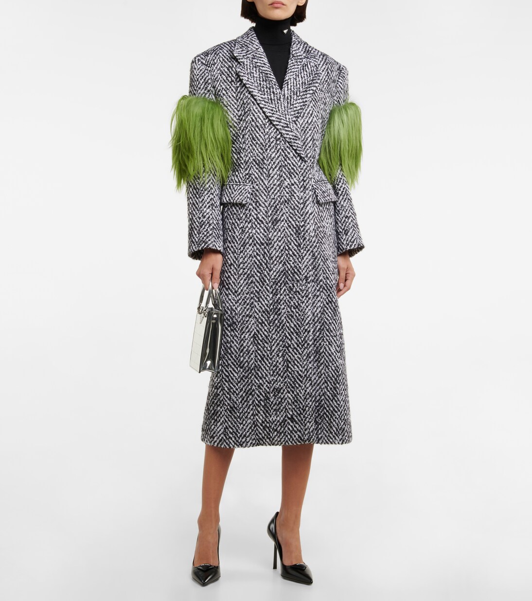 Shearling-trimmed tweed coat in grey - Prada | Mytheresa