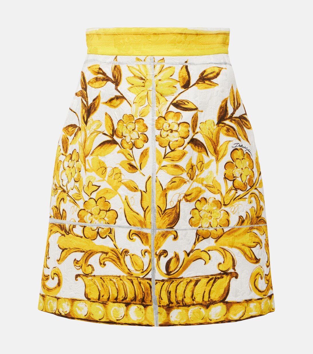 Majolica Cotton Blend Brocade Miniskirt In Yellow Dolce Gabbana
