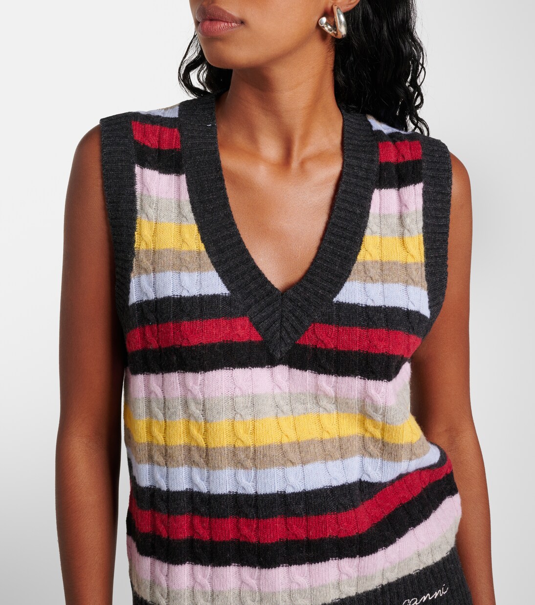 Striped cable-knit wool-blend sweater vest in multicoloured - Ganni ...