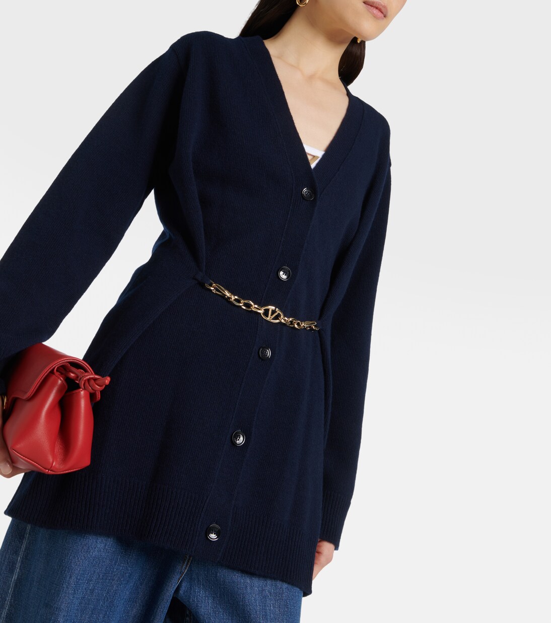 Chain-detail virgin wool cardigan in blue - Valentino | Mytheresa