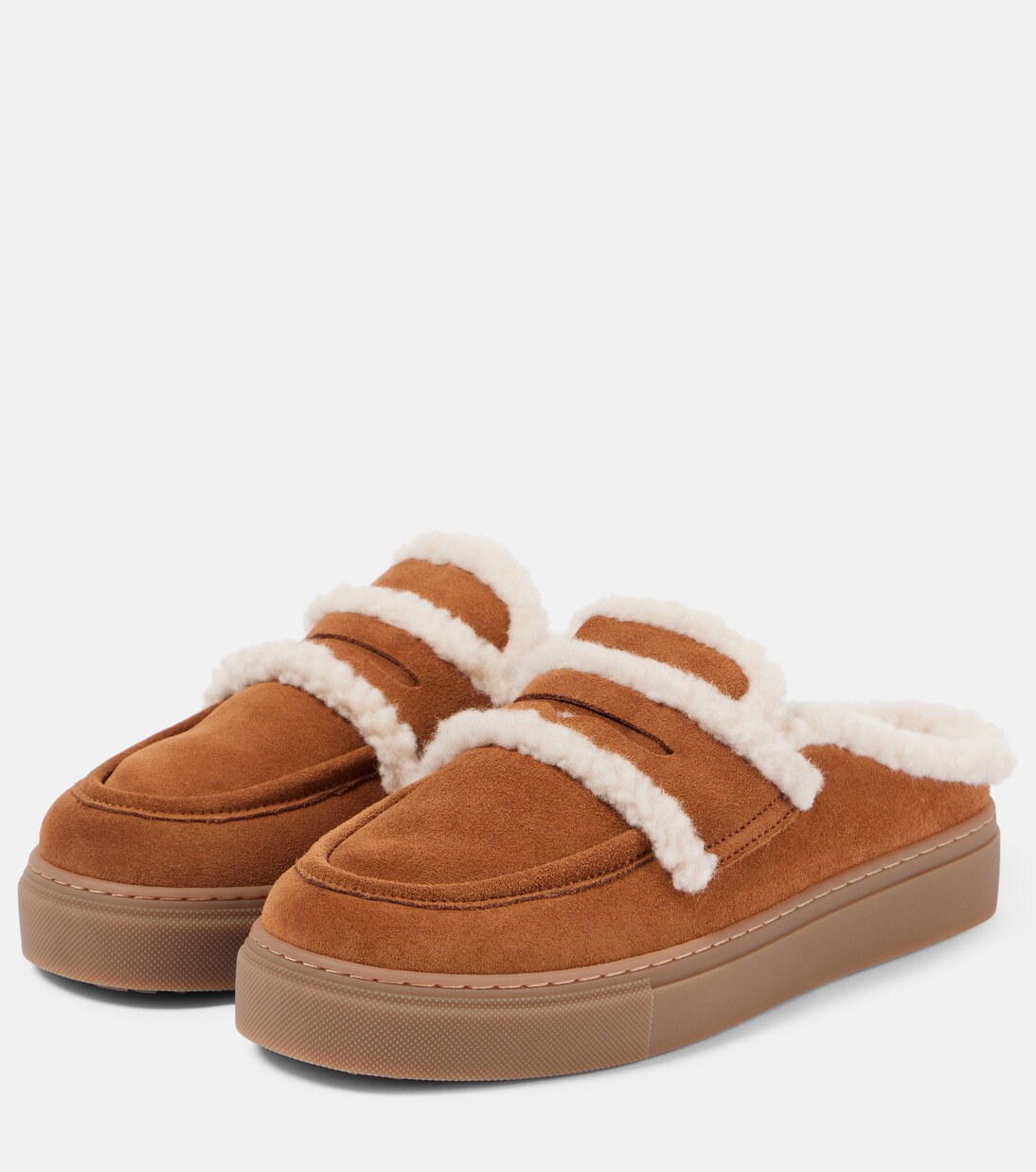 Shearling-trimmed suede mules in brown - Inuikii | Mytheresa