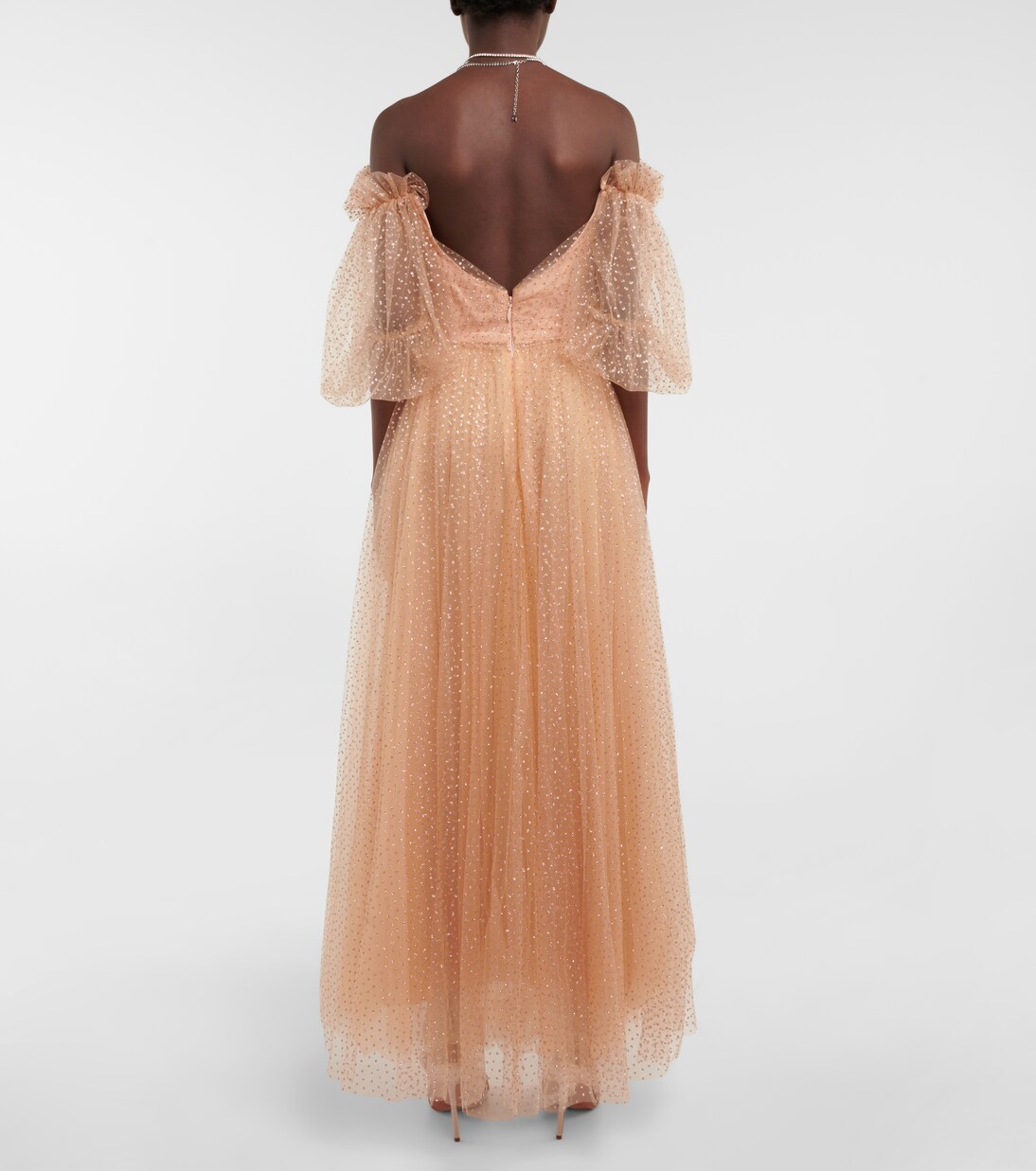 Embellished tulle off-shoulder gown in beige - Monique Lhuillier ...