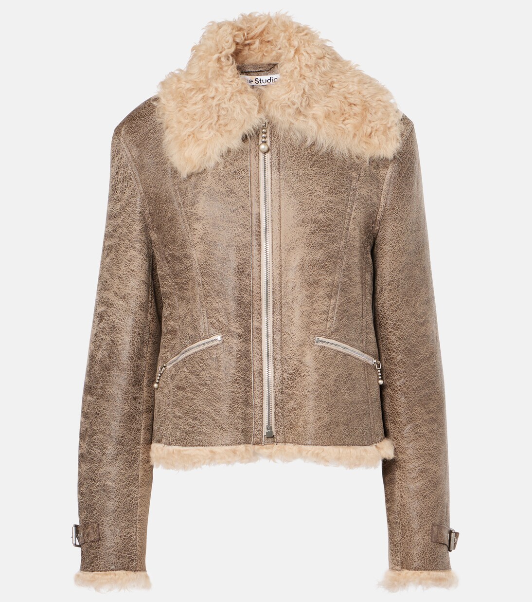 Shearling-trimmed leather jacket in grey - Acne Studios | Mytheresa