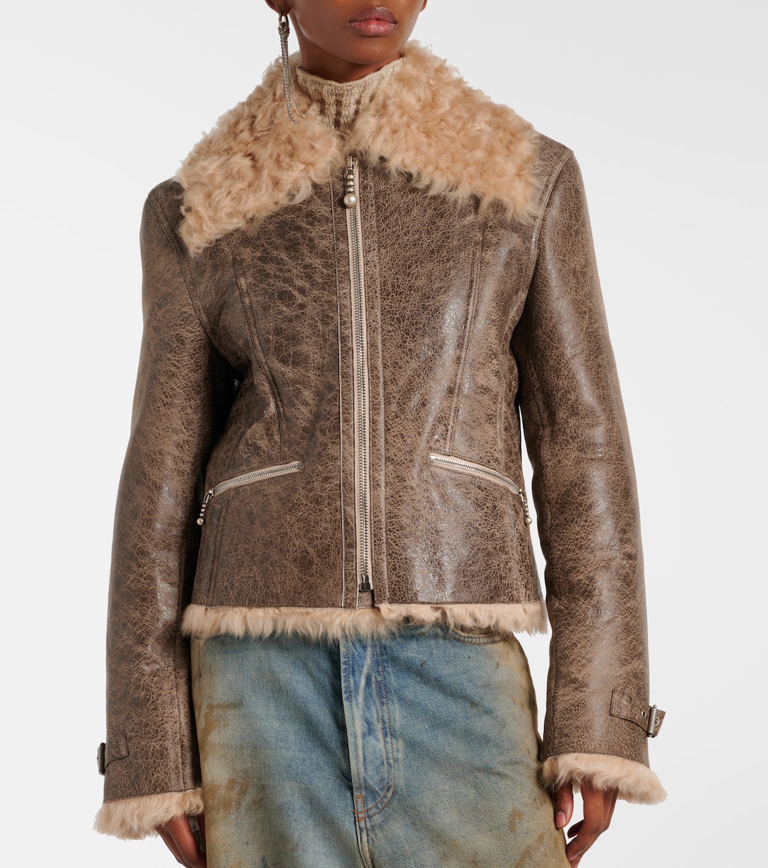 Shearling-trimmed leather jacket in grey - Acne Studios | Mytheresa