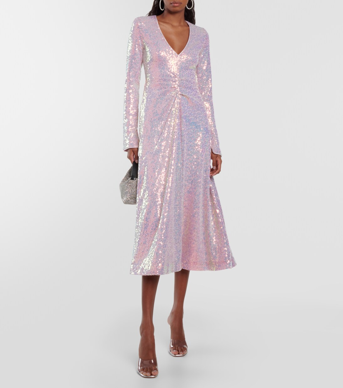Ruched sequined midi dress in pink - Rotate | Mytheresa