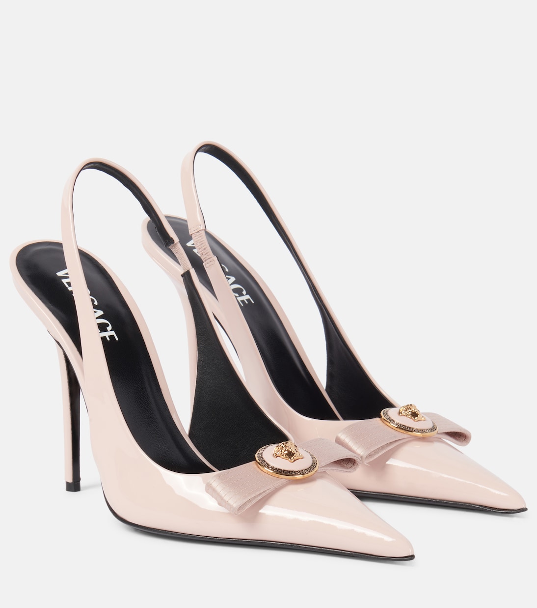 Gianni Ribbon 85 patent leather slingback pumps in pink - Versace ...