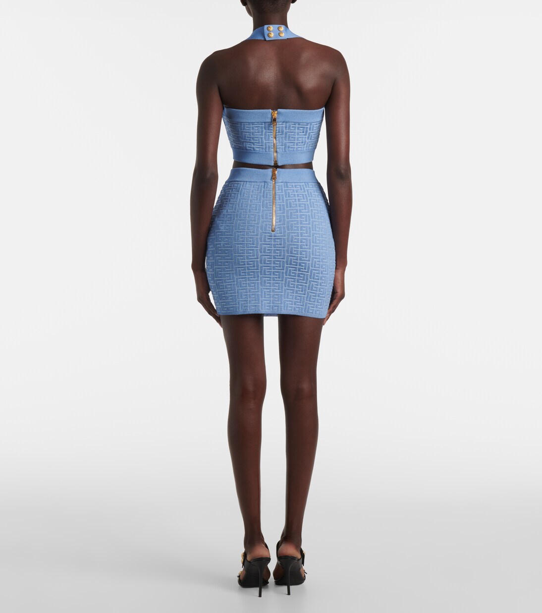 Monogram halterneck crop top in blue - Balmain | Mytheresa