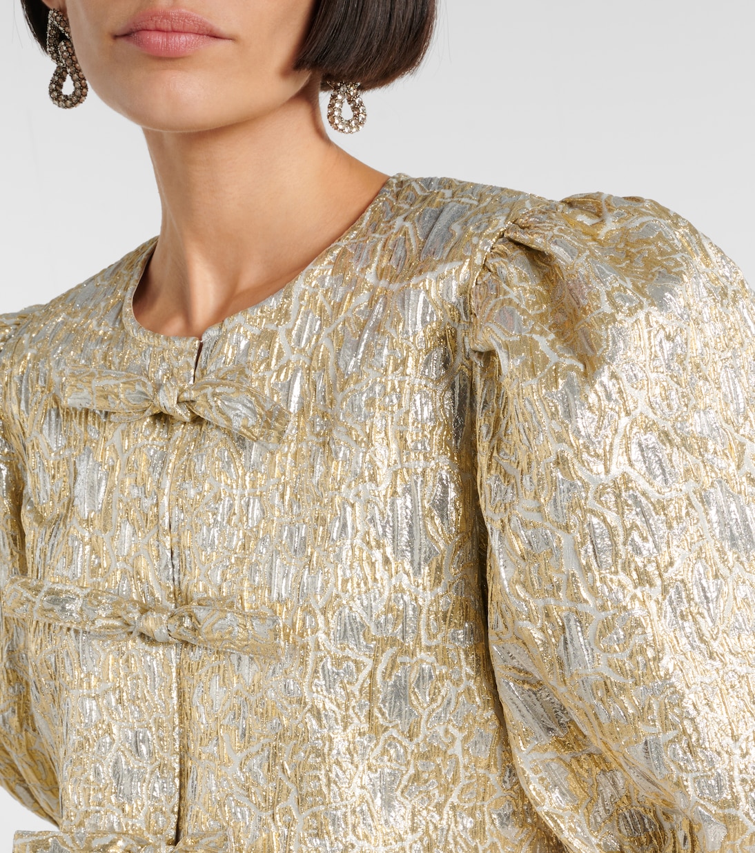 Puff-sleeve brocade top in metallic - Ganni | Mytheresa