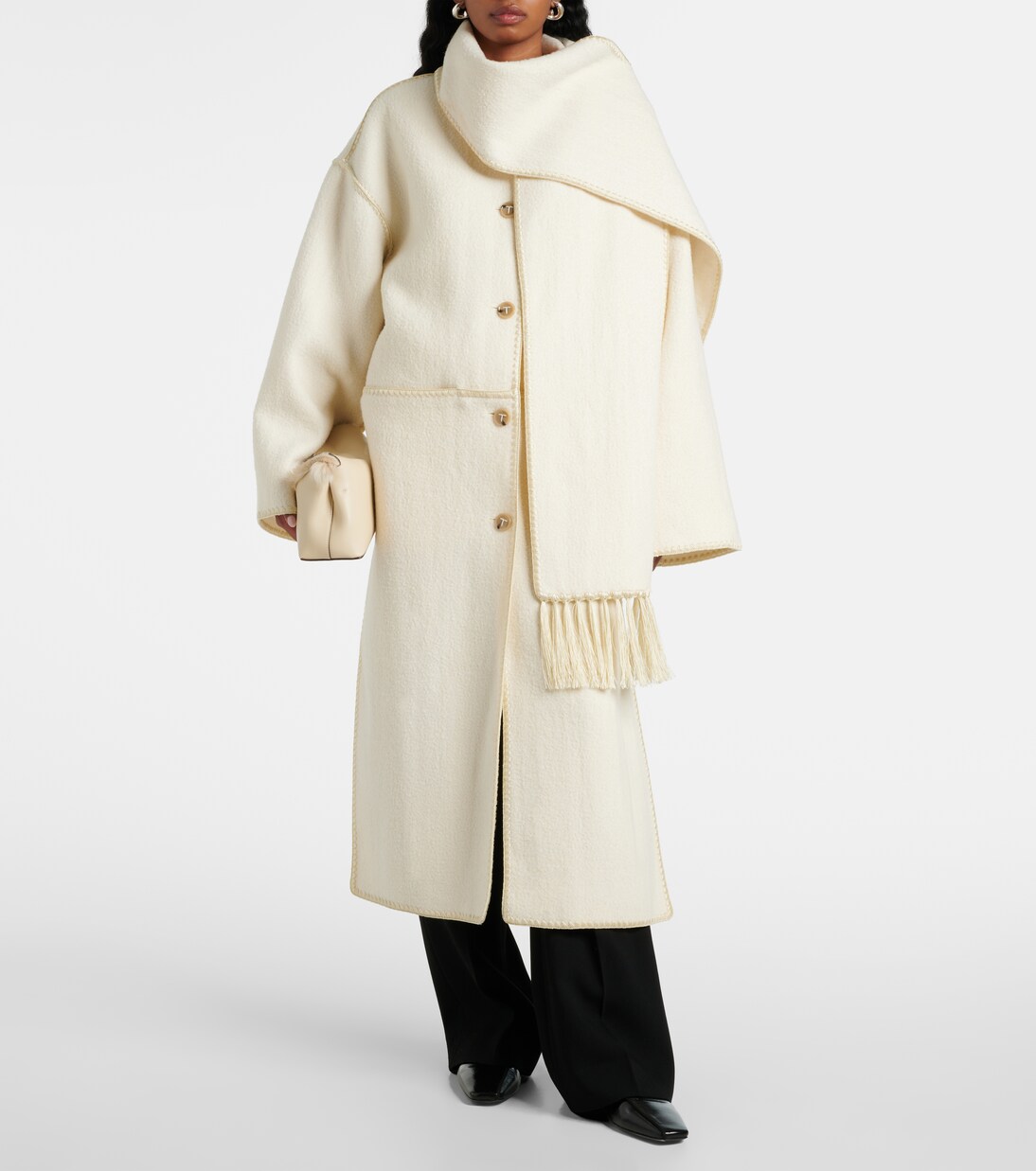 Fringed embroidered wool scarf coat in white - Toteme | Mytheresa